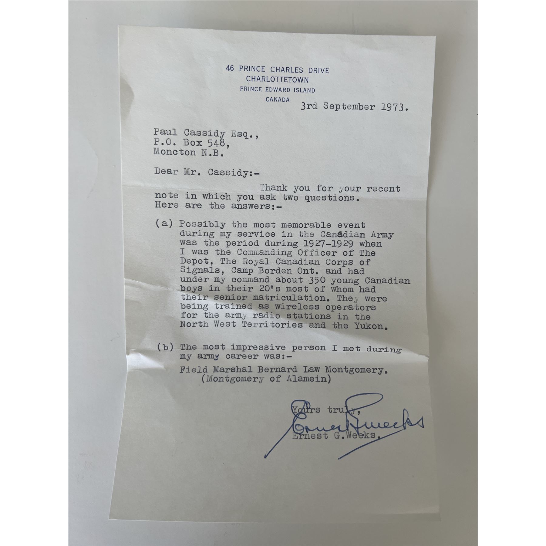 Lt. Colonel Ernest G. Weeks signed typed letter