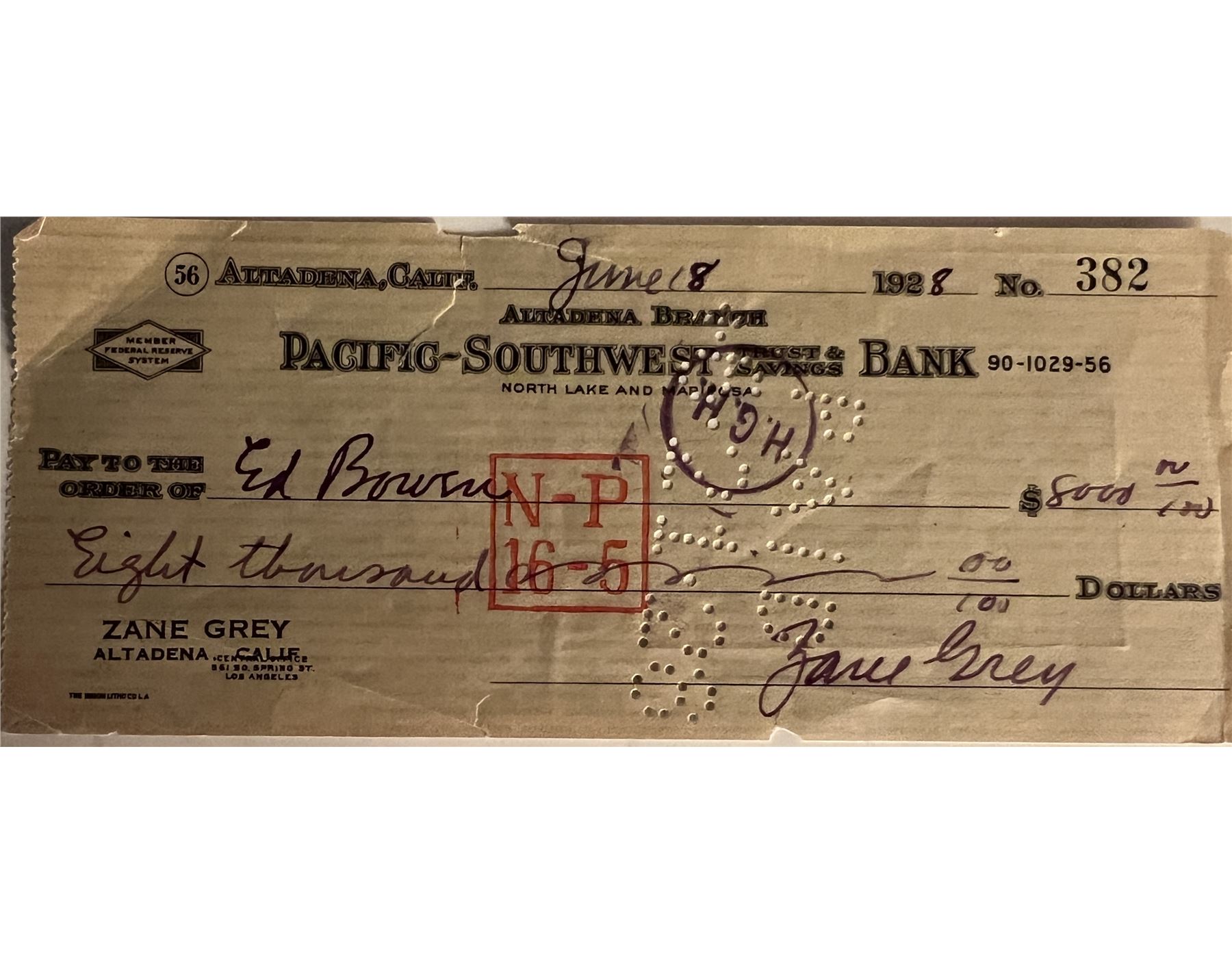 Zane Grey signed check dated 1928