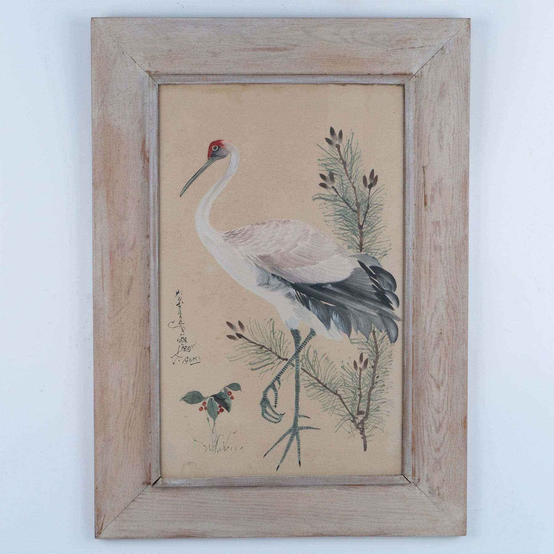 J. Aoki, Original Gouache on Paper Board, Crane, Signed