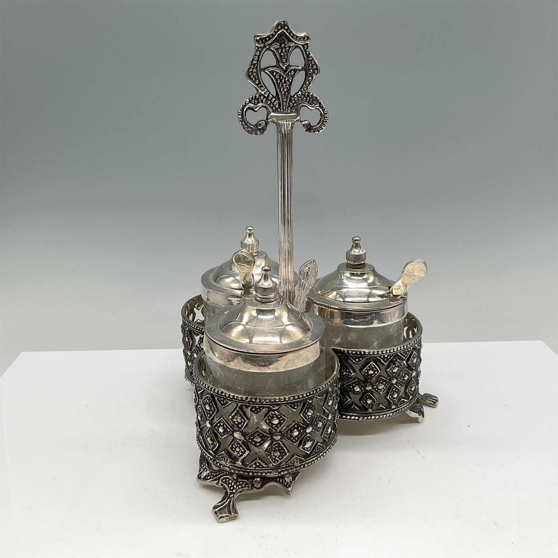 India Silver-Plated Condiment Set with Crackled Glass Jars