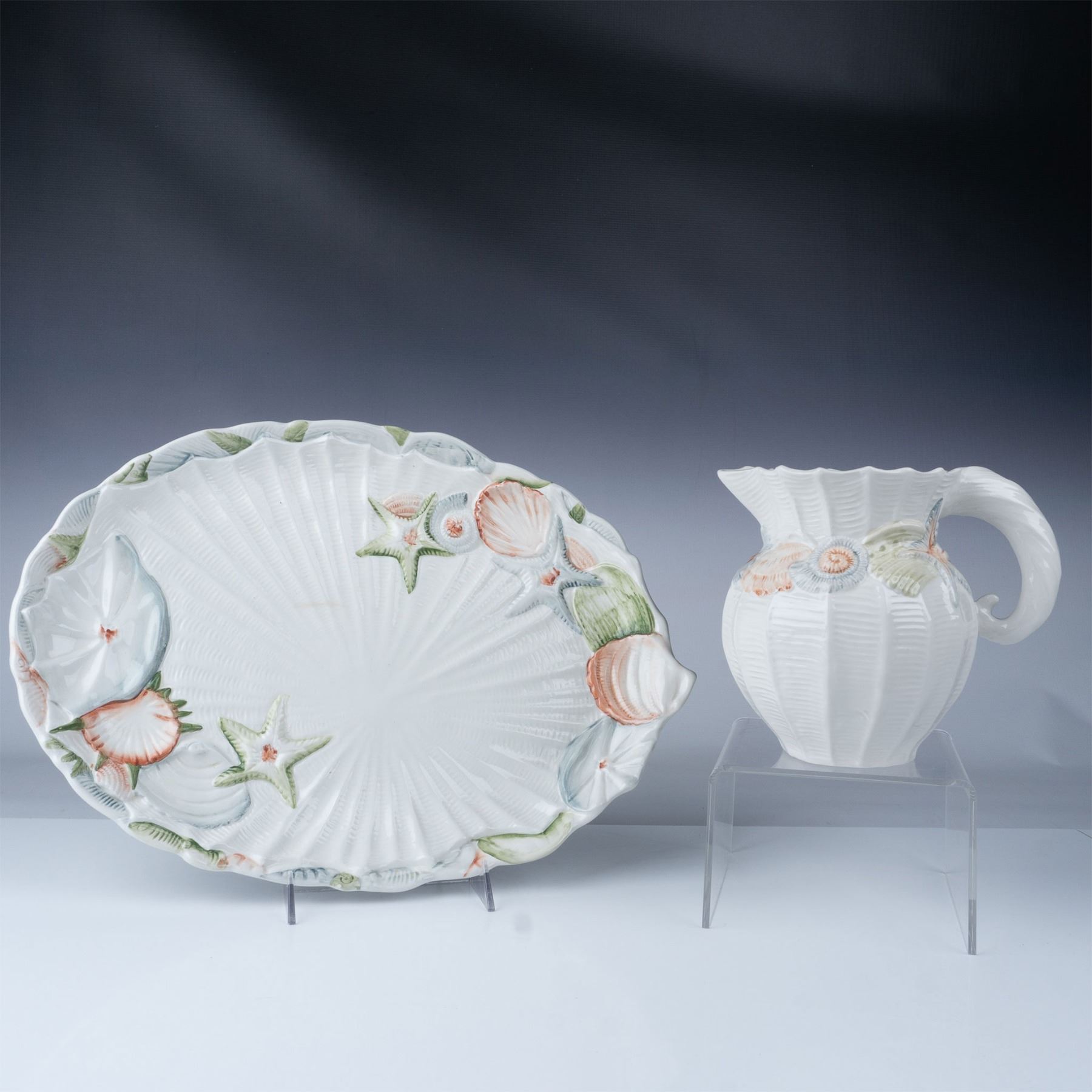 Vietri Ceramic Serving Platter and Pitcher, Seashell Motif