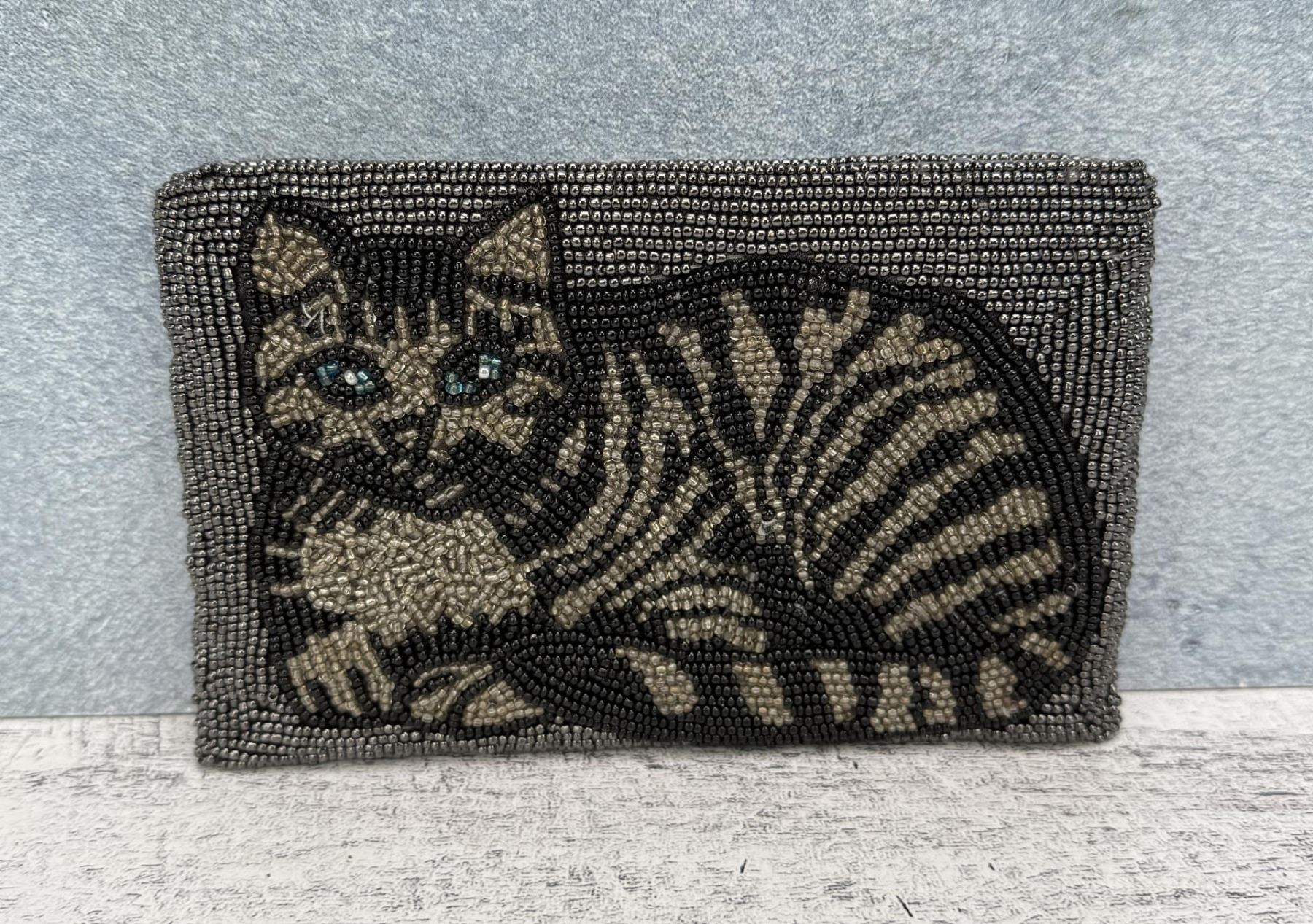 Beaded Cat Purse Zip Clutch