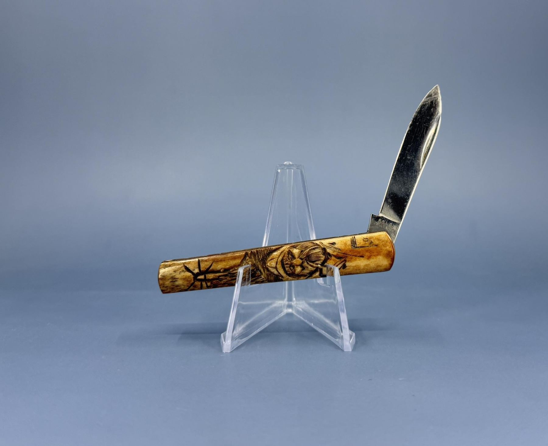 Carved Bone Handle Pocket Knife Fisherman