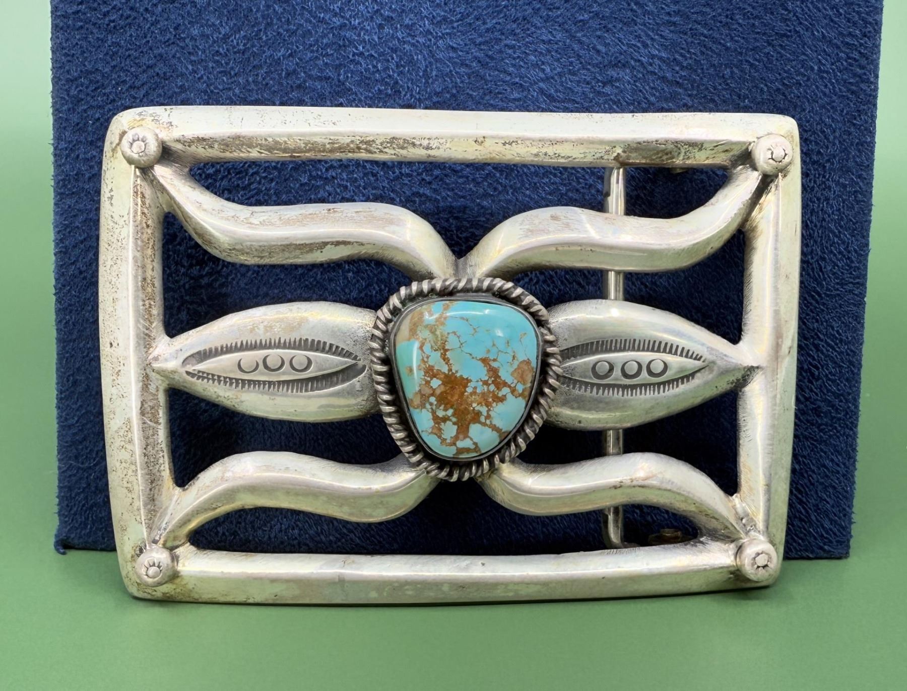 Navajo Sterling Tufa Cast Turquoise Belt Buckle