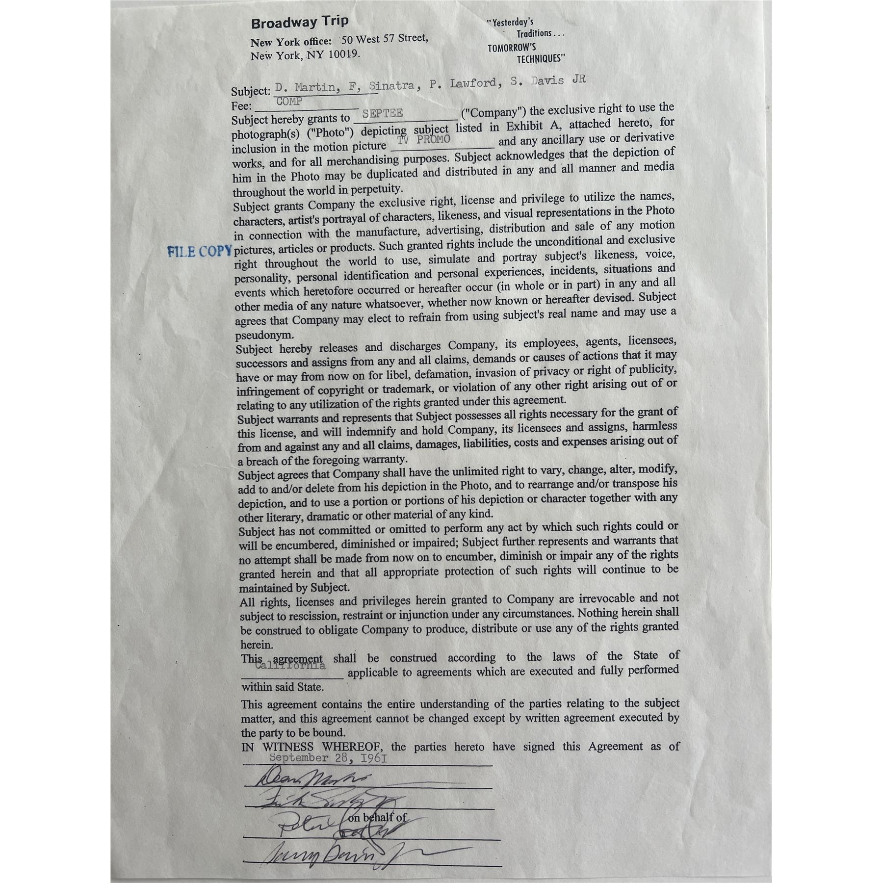 Rat Pack 1961 Broadway Trip signed contract-RARE