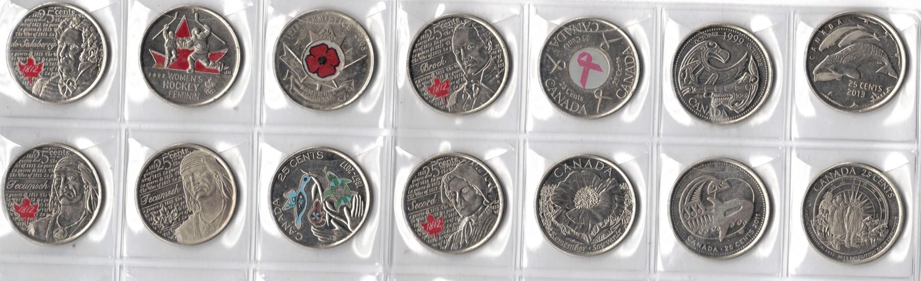 FOURTEEN Canadian Quarters, some coloured