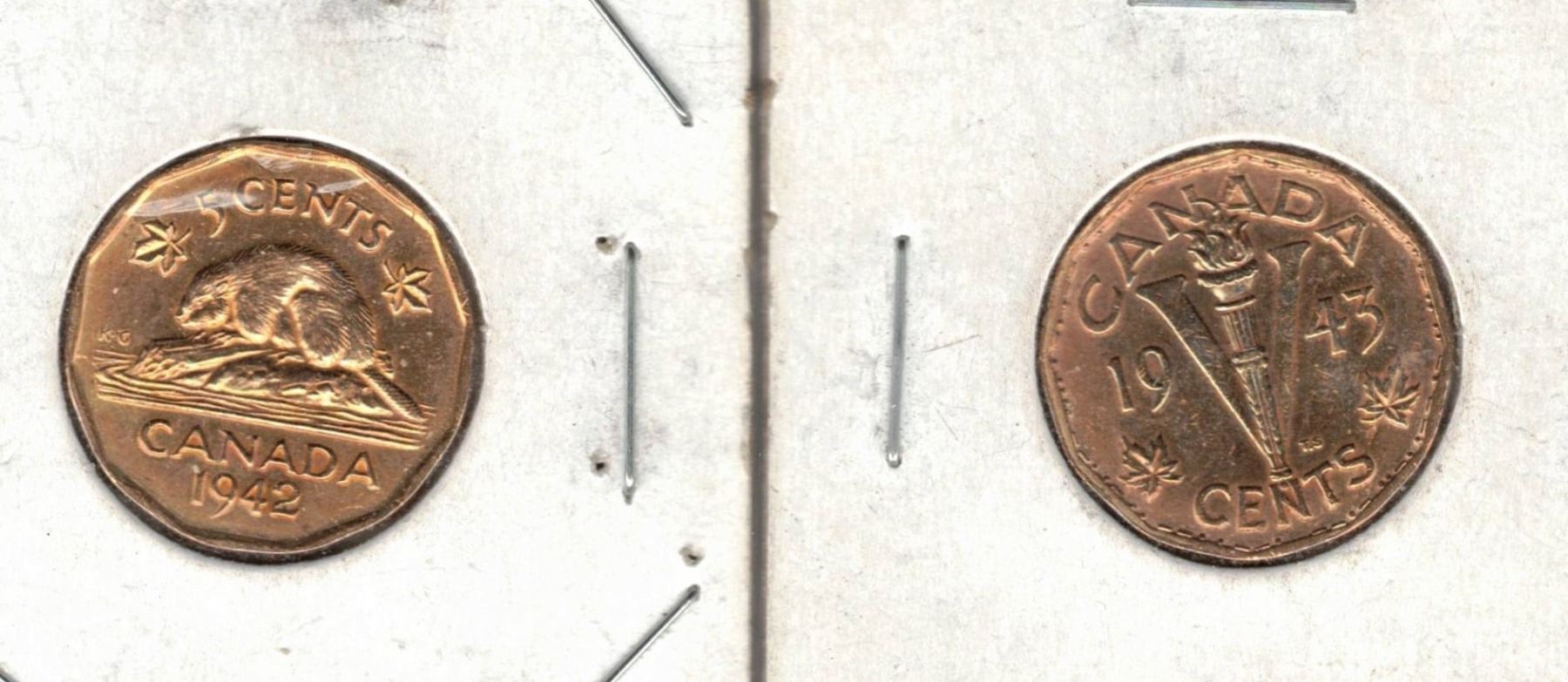 1942 and 1943 Tombac Canadian 5 Cent Coins