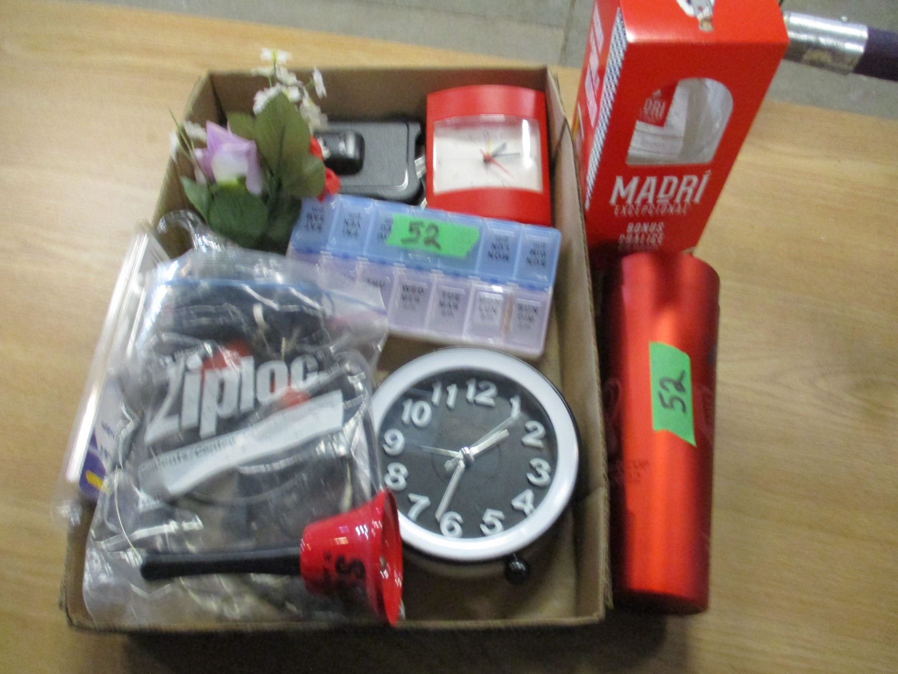 FLAT C/W CLOCK, MADRI GLASS TUMBLERS, FLOWERS, ETC