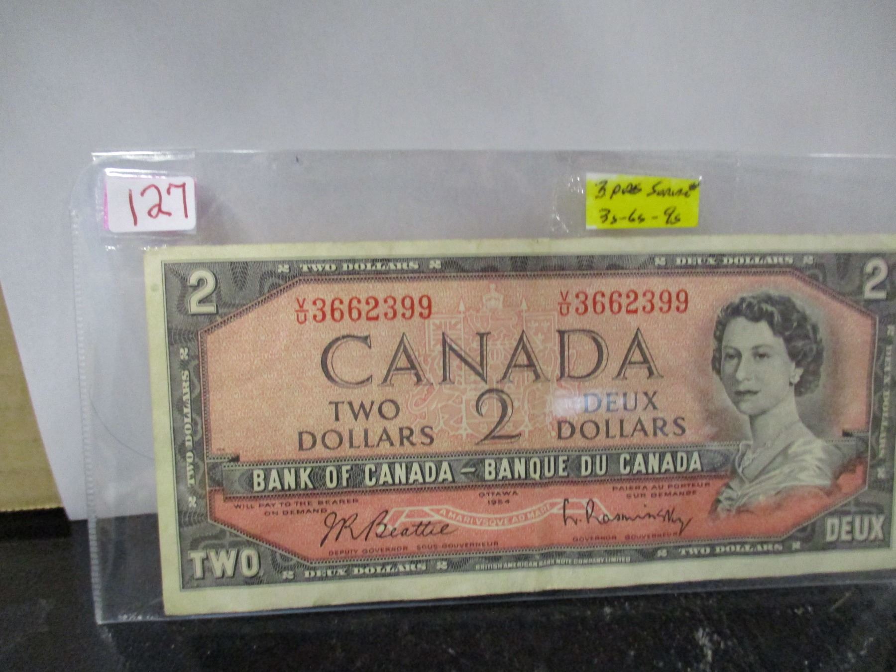 1954 CANADA $2 BILL (POKER HAND SERIAL NUMBER) (3'S, 6'S & 9'S)