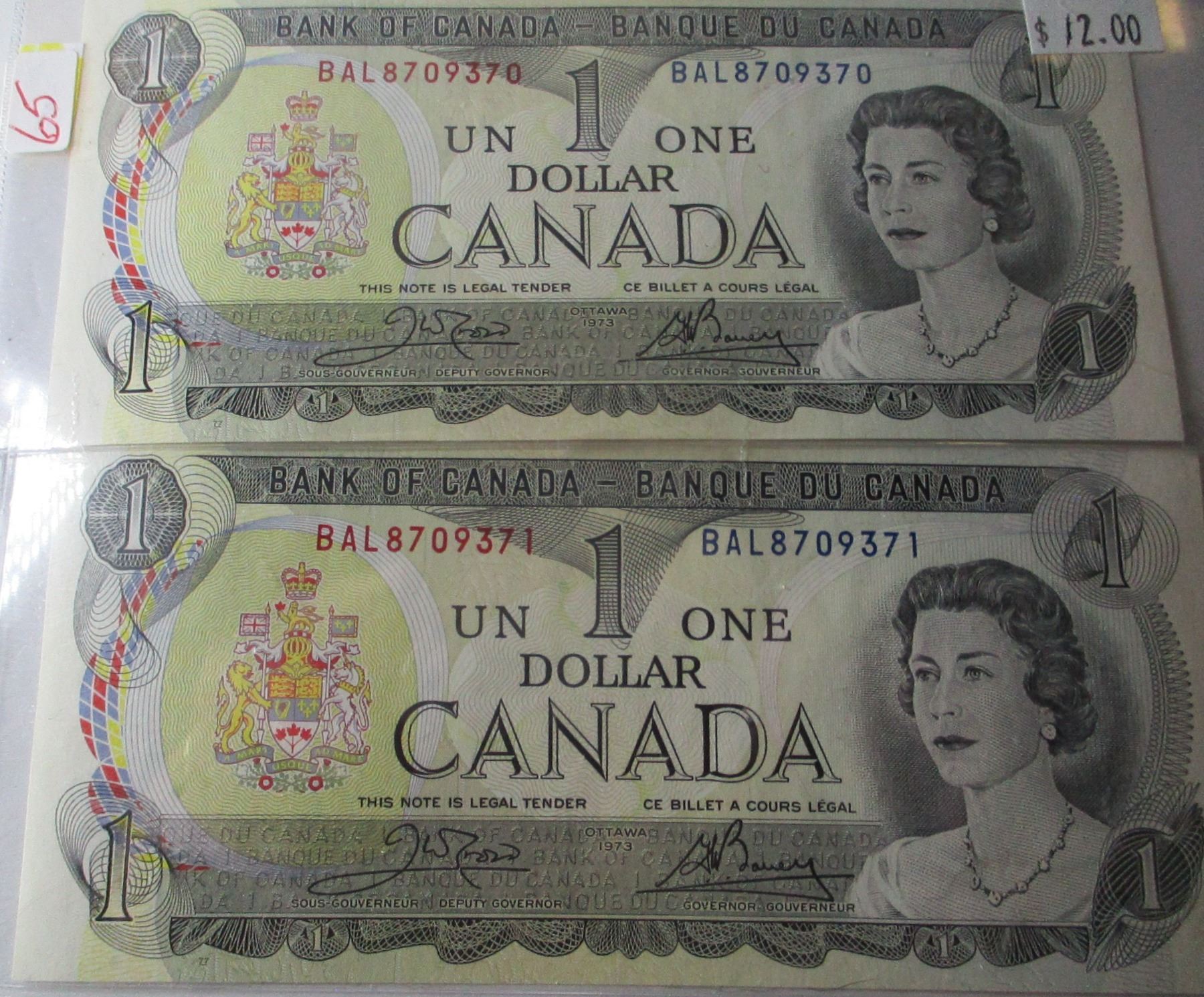1973 BANK OF CANADA UNCIRCULATED SEQUENTIAL SERIAL NUMBER $1 BILL