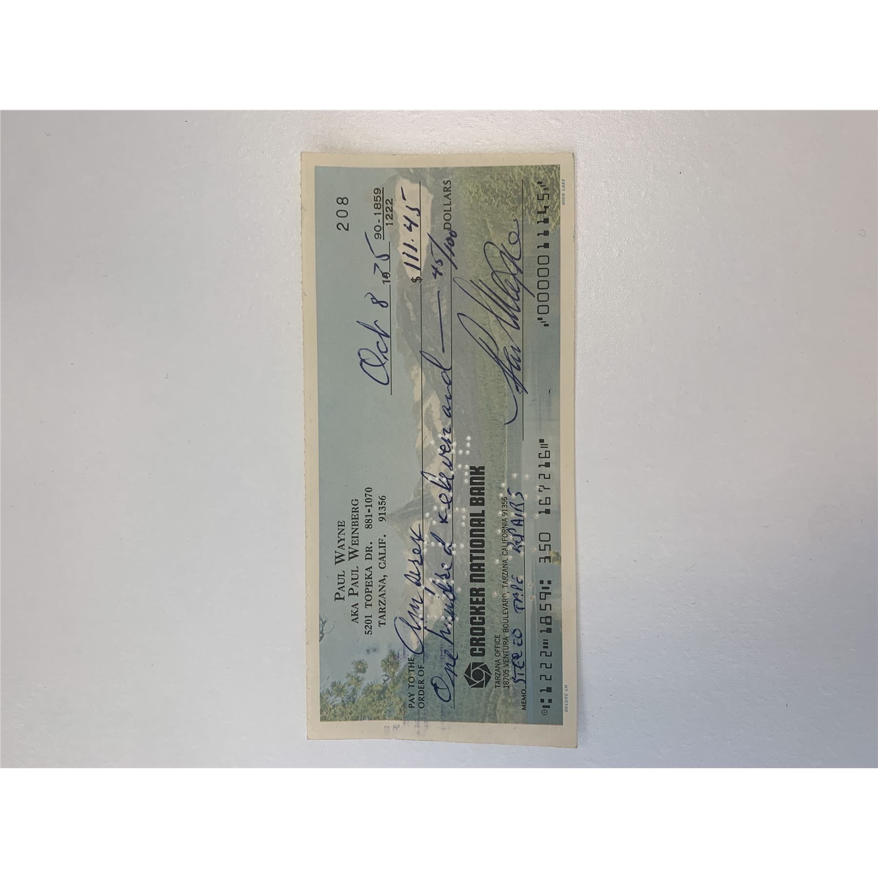 Threes Company Paul Wayne signed check