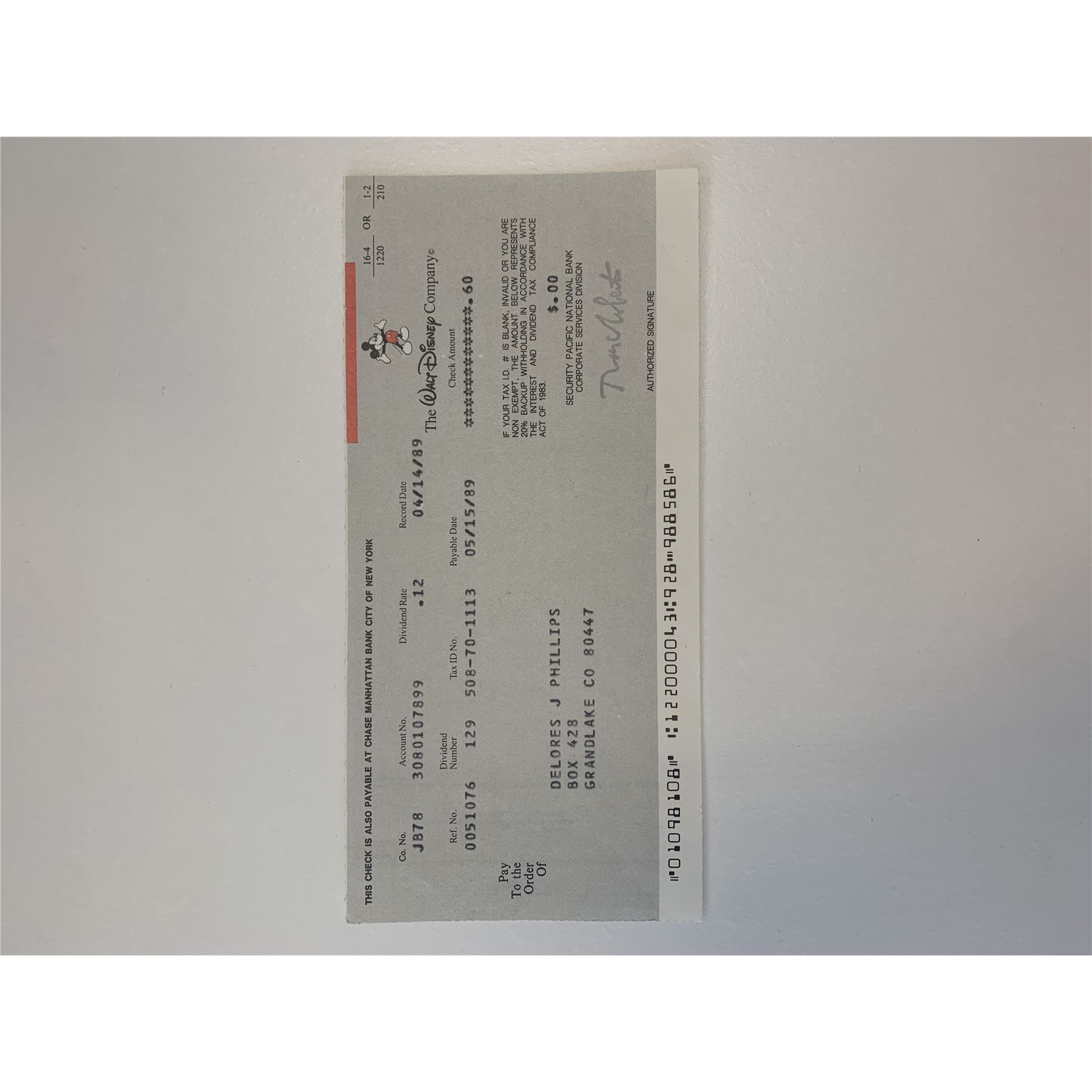 Walt Disney stock dividend check