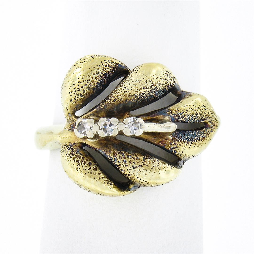 Vintage 14K Yellow Gold Puffed 3D Textured Multi Leaf Ring w/ Single ...