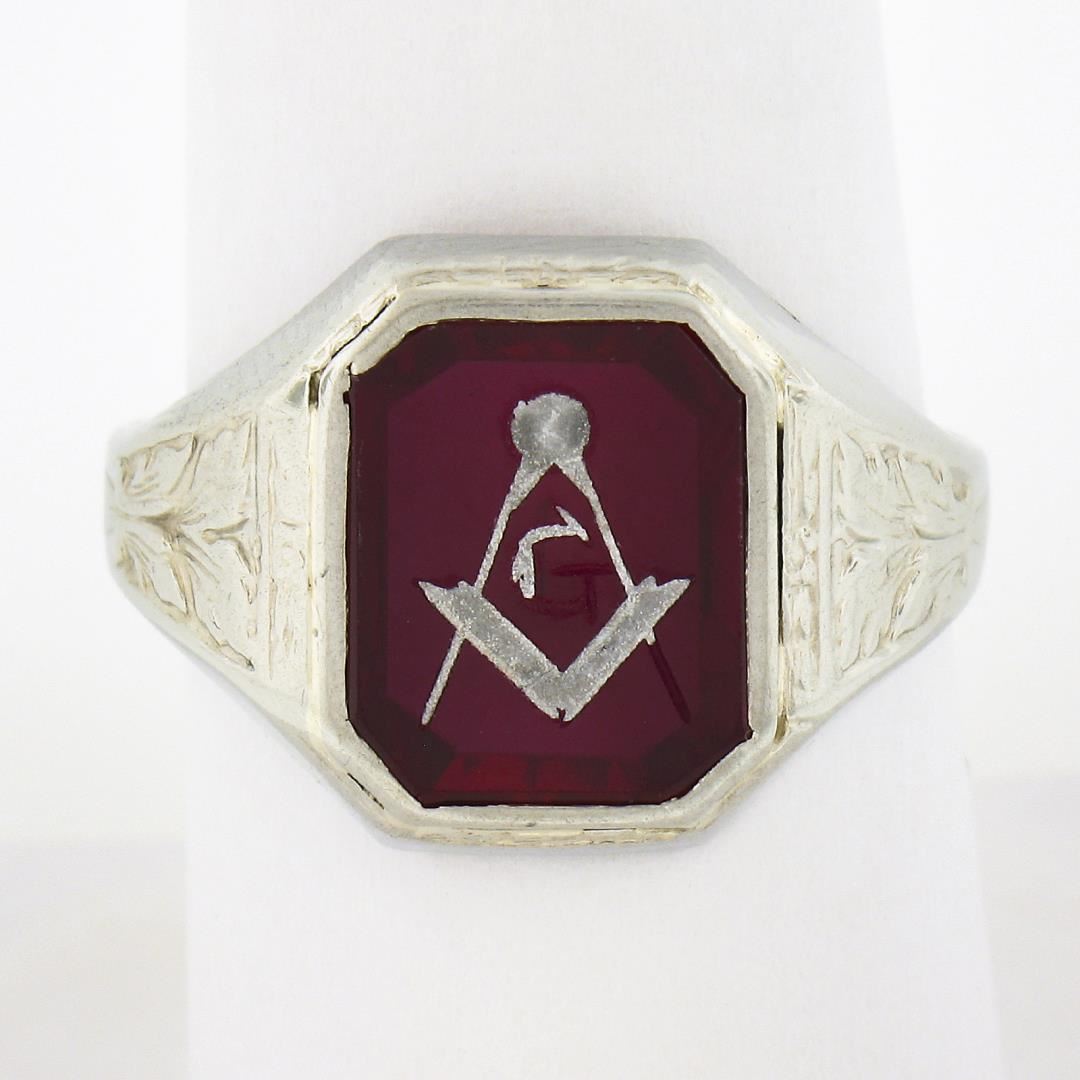 Antique 10K White Gold Bezel Set Red Stone w/ Detailed Sides Masonic ...