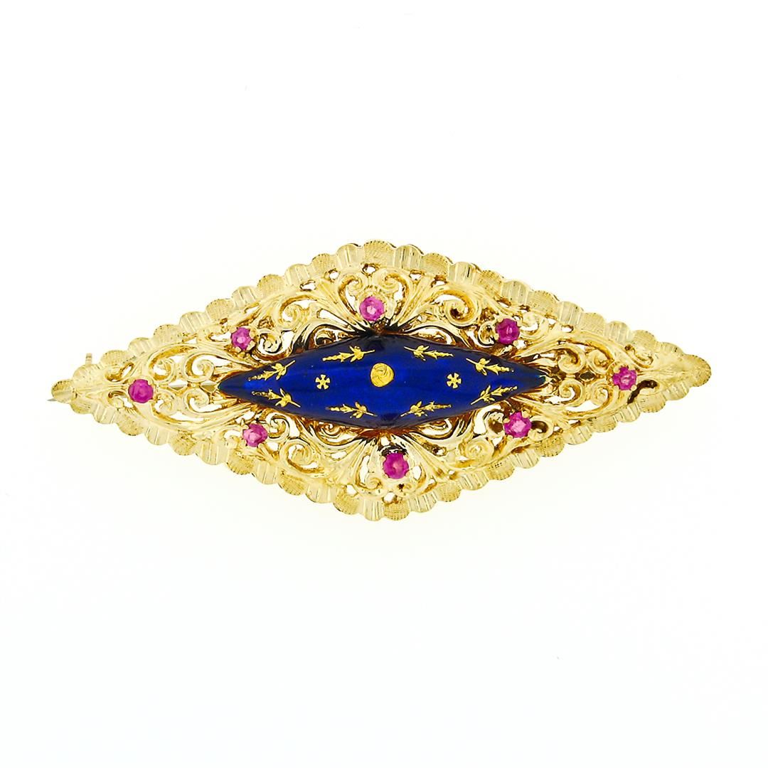 Vintage 18k Gold Round Ruby & Dark Blue Enamel Long Marquise Filigree ...
