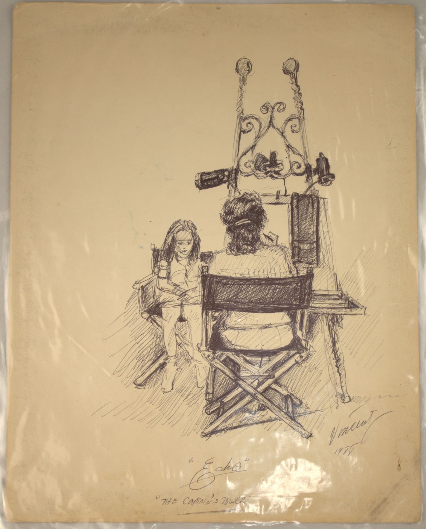 A Rare Pen and Paper Drawing of An Artist Drawing a Young Girl.