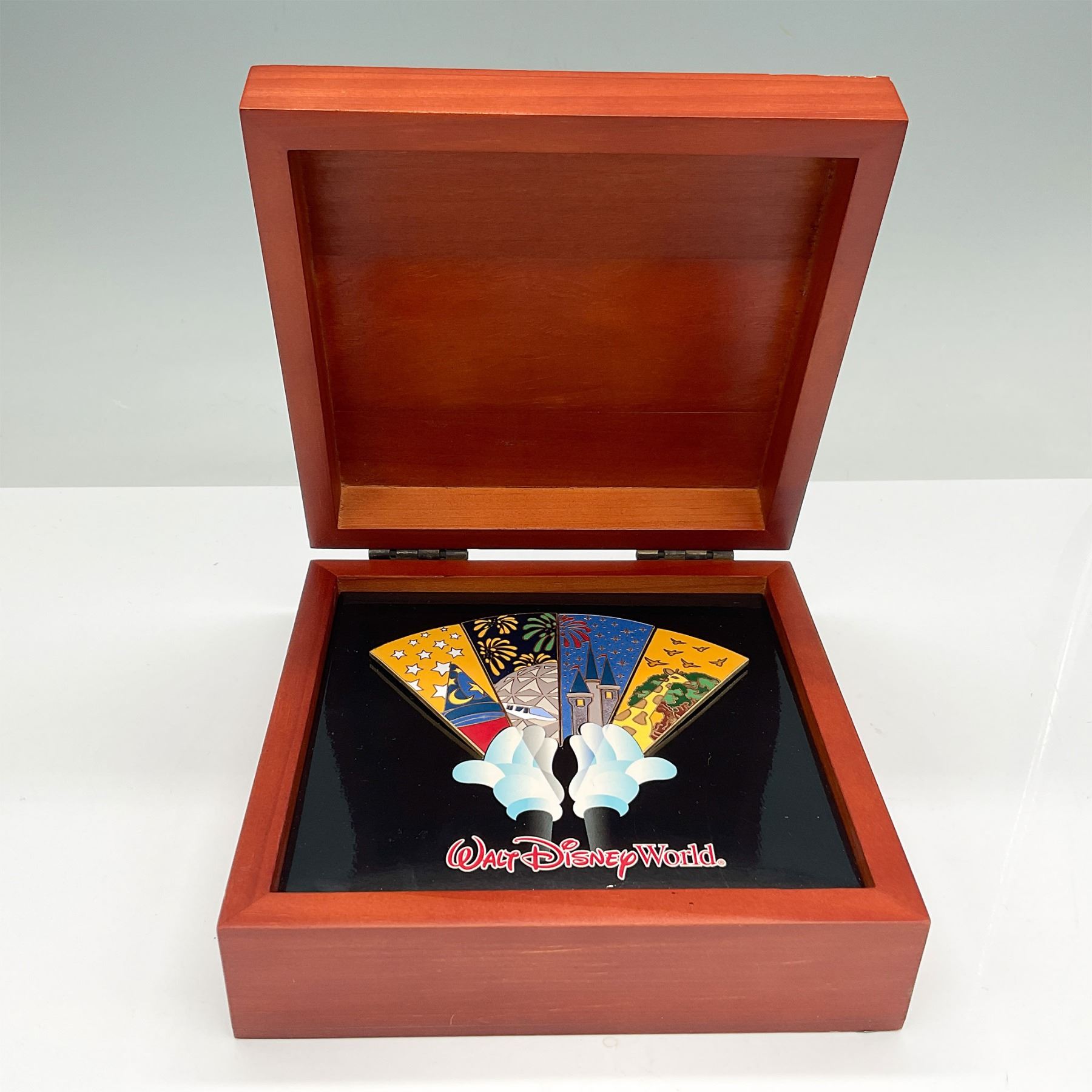 Disney World Wooden Collectible Box with Four Parks Pin Set