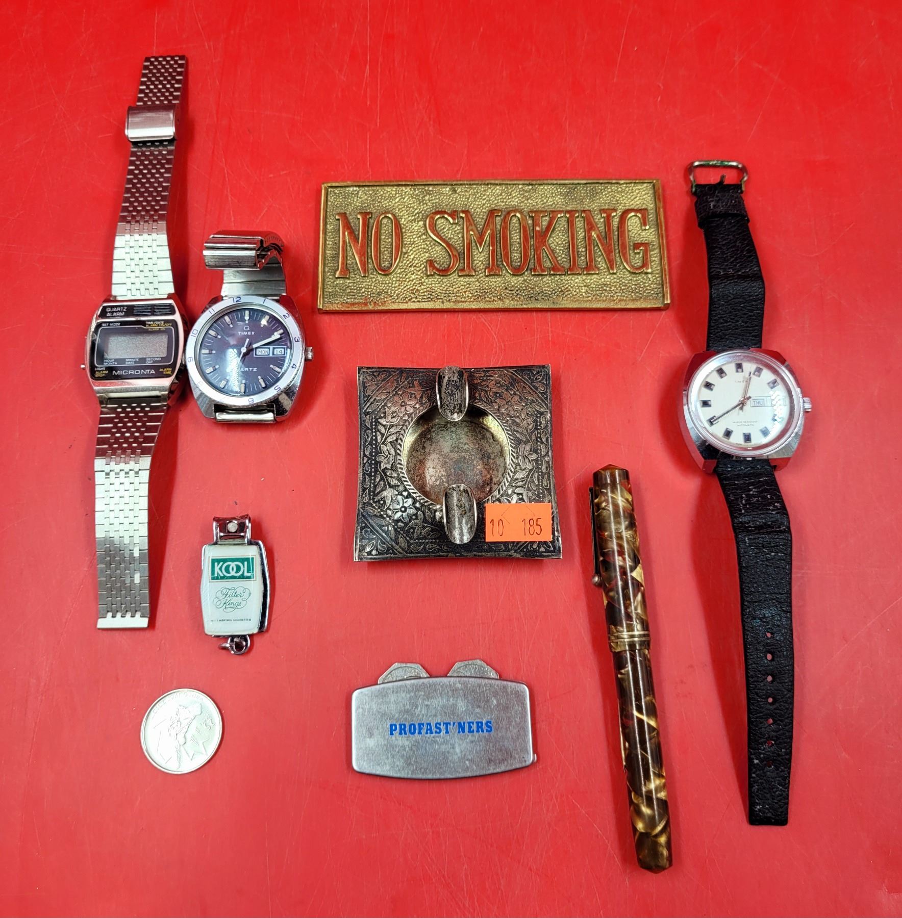 VTG Ashtray, Brass No Smoking Sign, Pen, Lighter & Watches