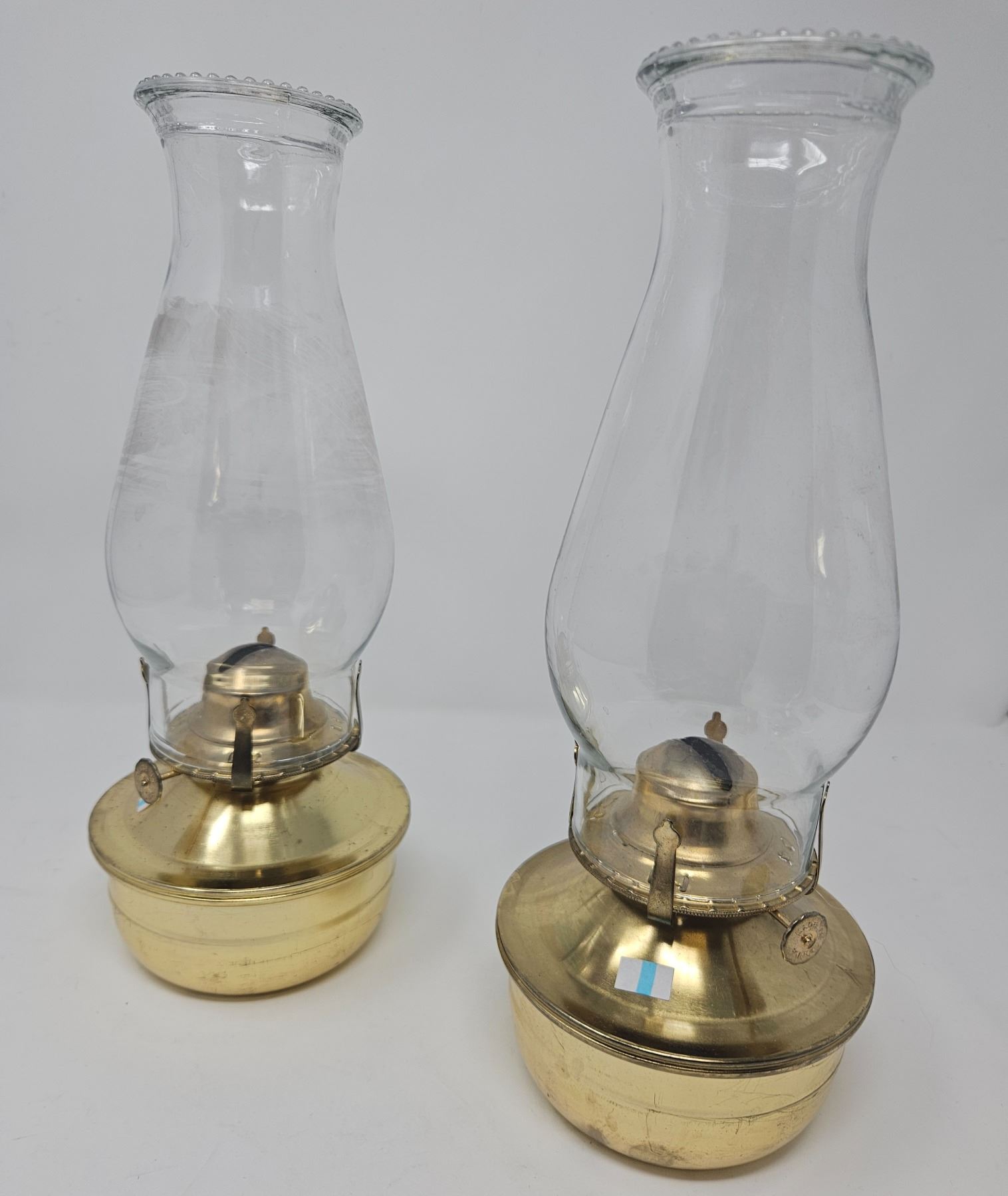 Pair of Vintage Brass Oil Lamps with Clear Glass Chimneys