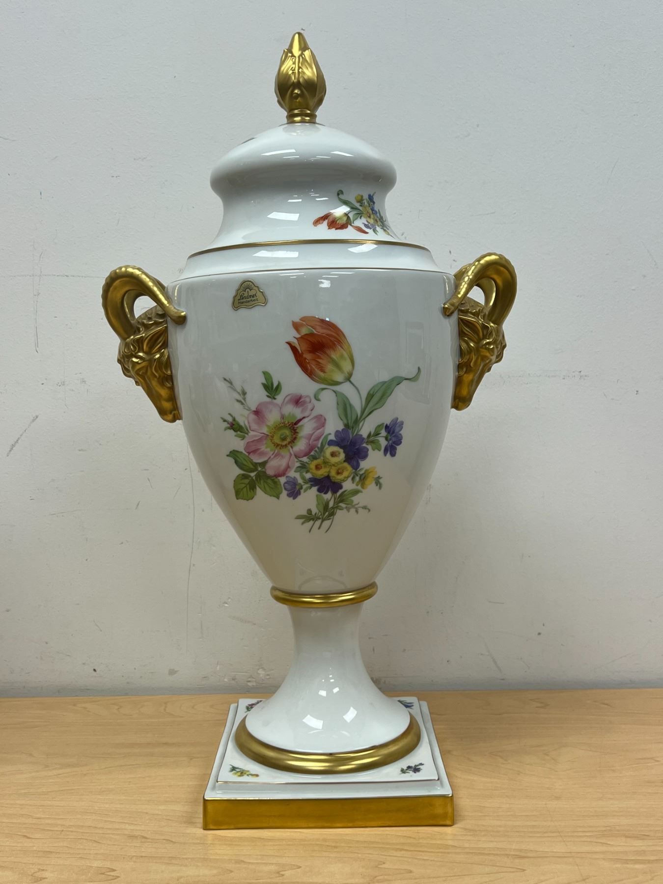 Large Lindner Rams Head Porcelain Amphora Vase - Approx: 22"T 13"W (see ...