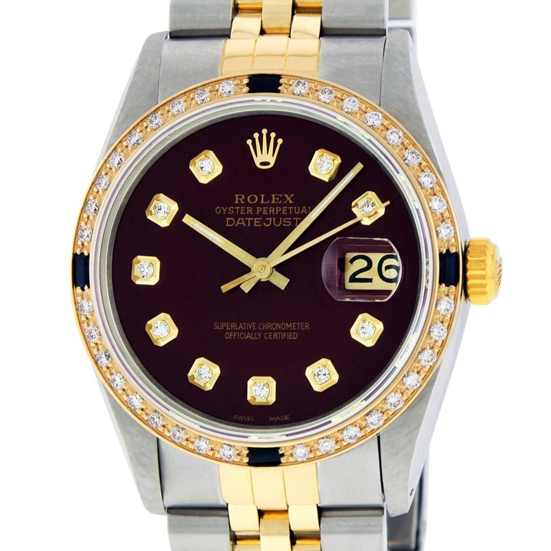Rolex Mens Two Tone Maroon Dial Diamond And Sapphire 36MM Datejust ...