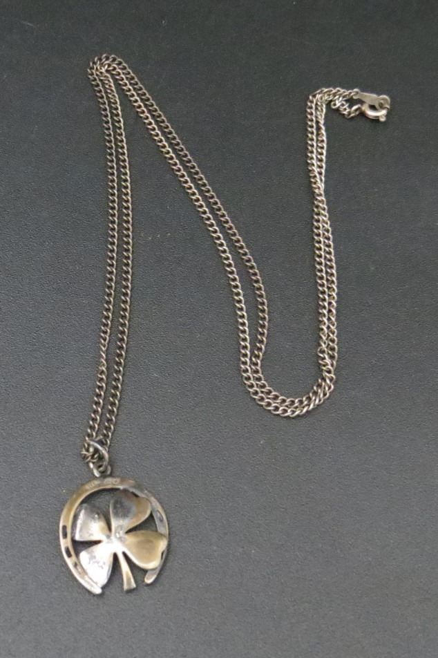 22" Sterling Silver Chain With Horseshoe & Four Leaf Clover Pendant