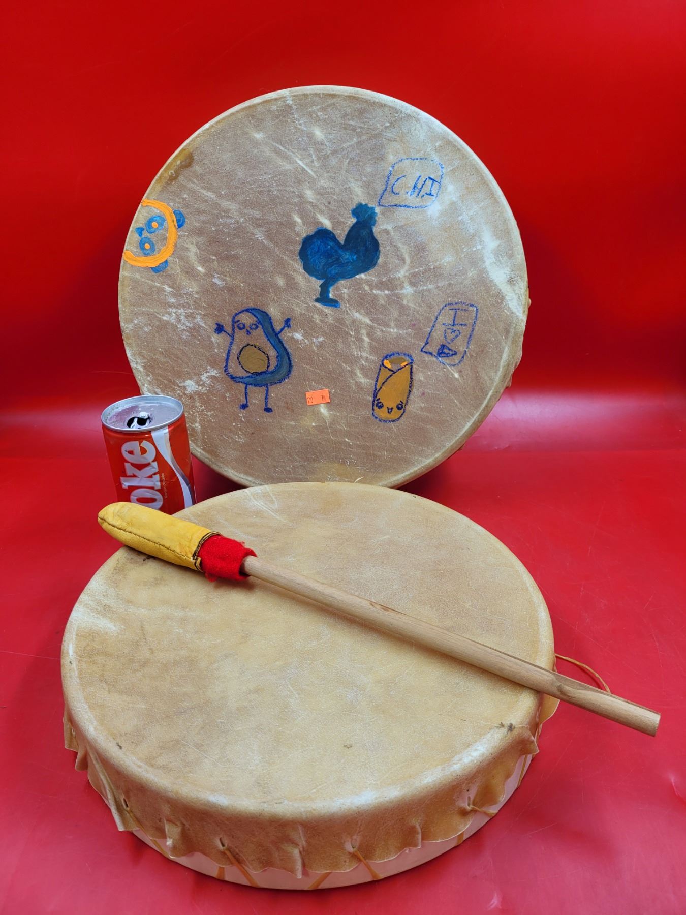 2 Handmade Native Hand Drums w/ Mallet