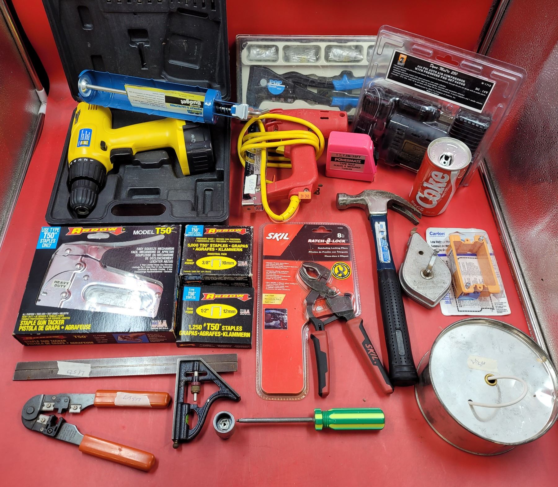 Assorted Tool Lot w/ Air Compressor, Arrow Electro-Matic Staple Gun ...