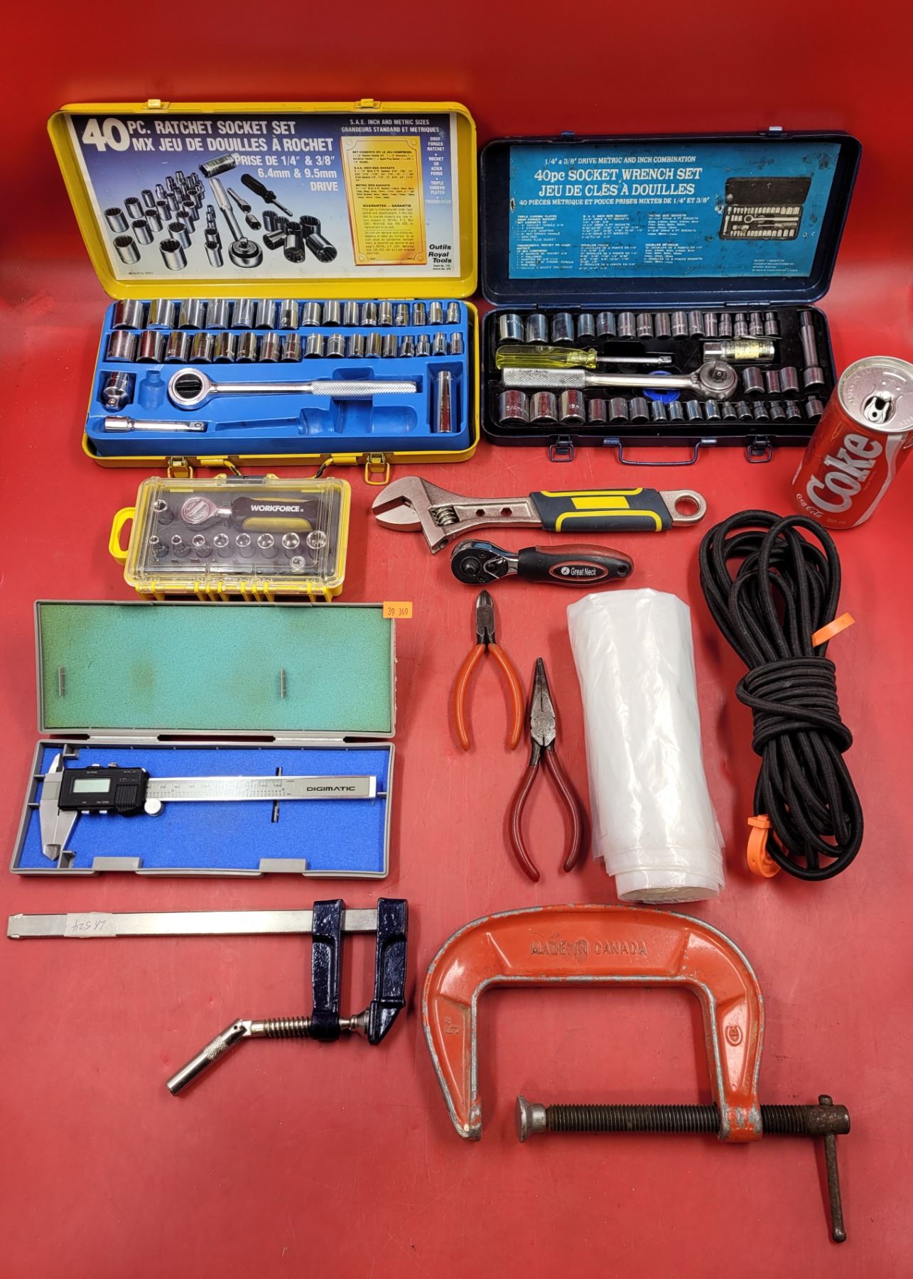 Assorted Tool Lot w/ 40 Pc. Ratchet Socket Set, 40 Pc. Socket Wrench Set, Digimatic Calipers, & More
