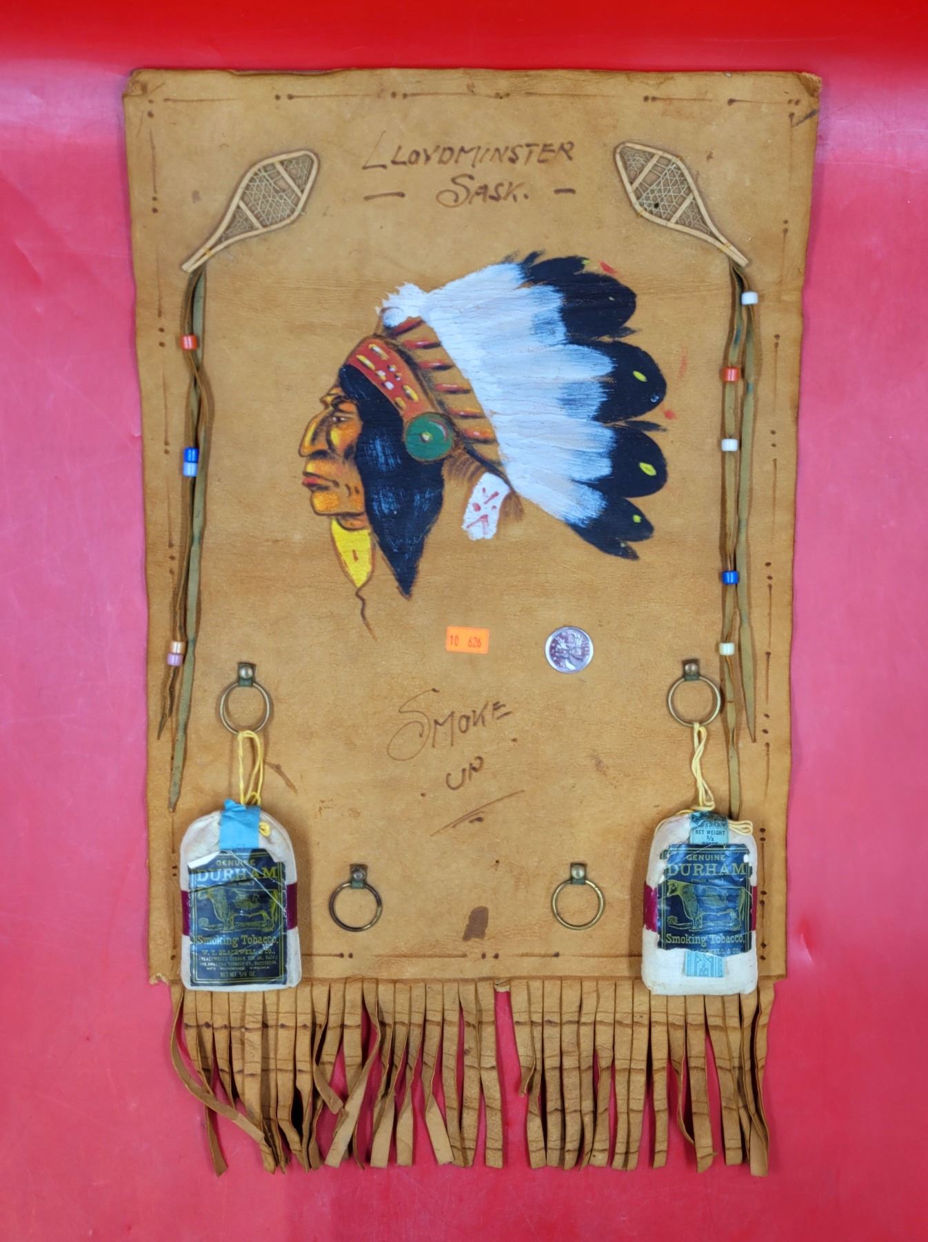 Hanging Painted Native Leather Art w/ NOS Antique Tobacco Pouches