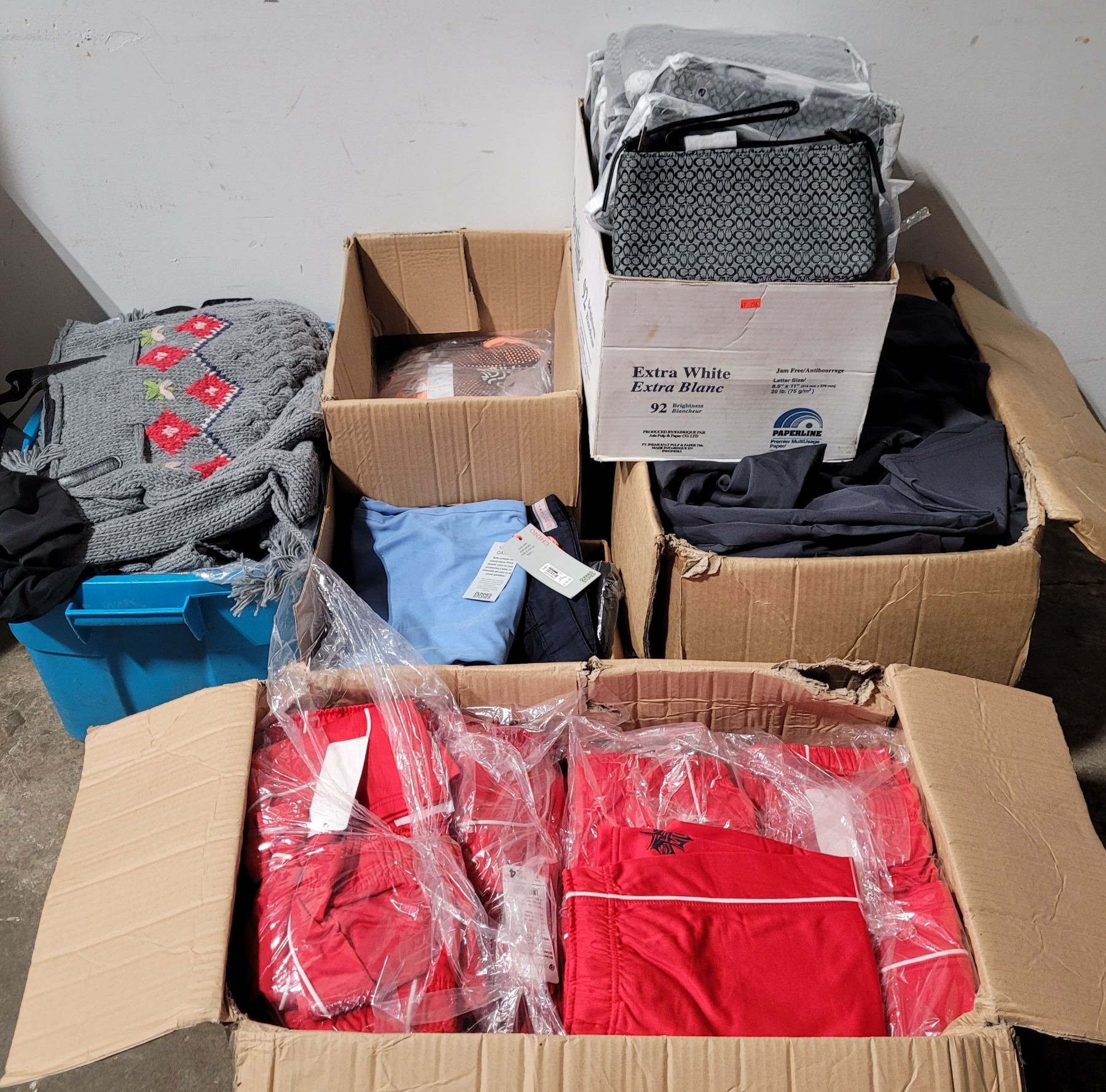 Boxes & Bin Full Of Clothing & Accessories