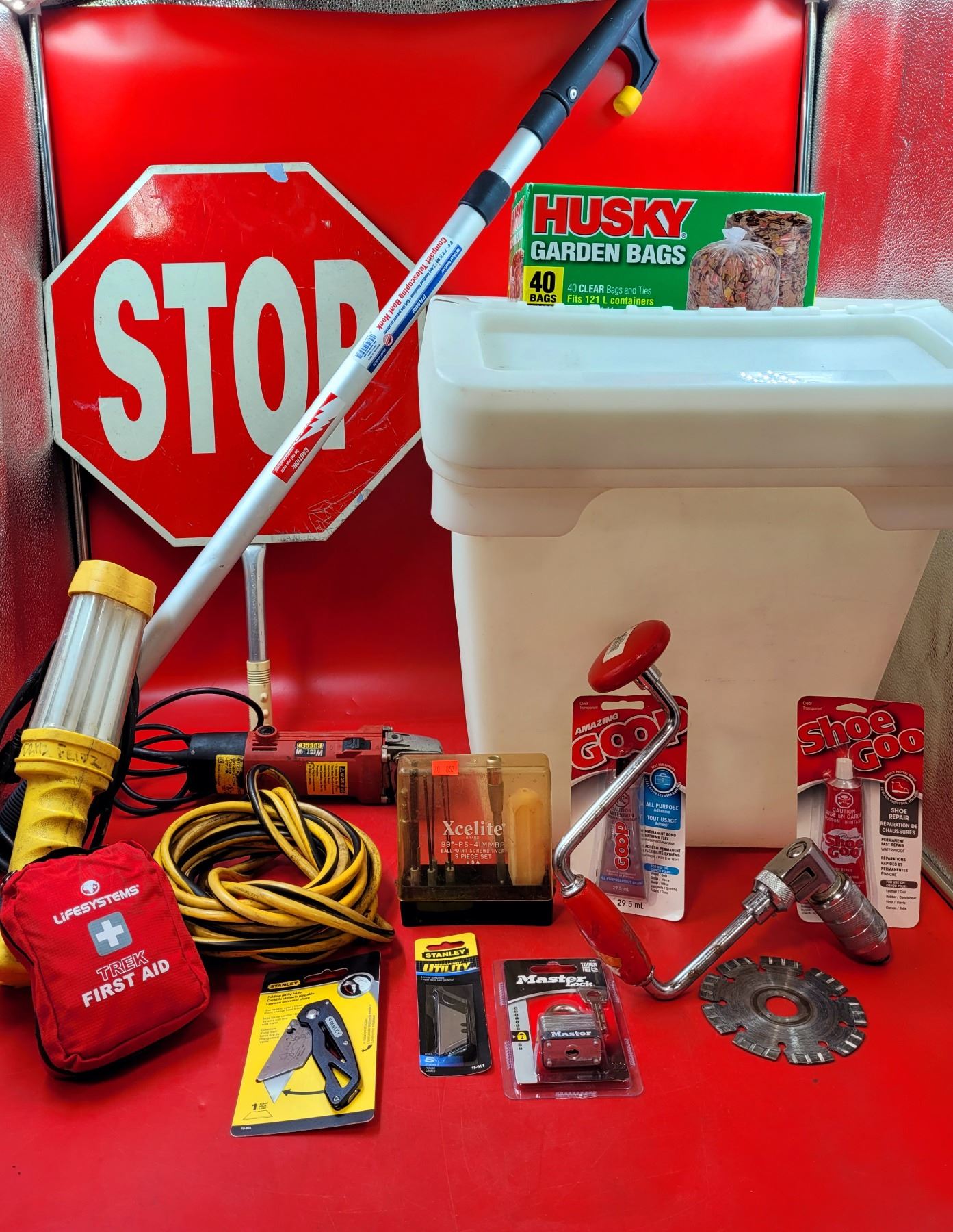Flagging Stop Sign, First Aid Kit, Garden Bags & Tool Lot