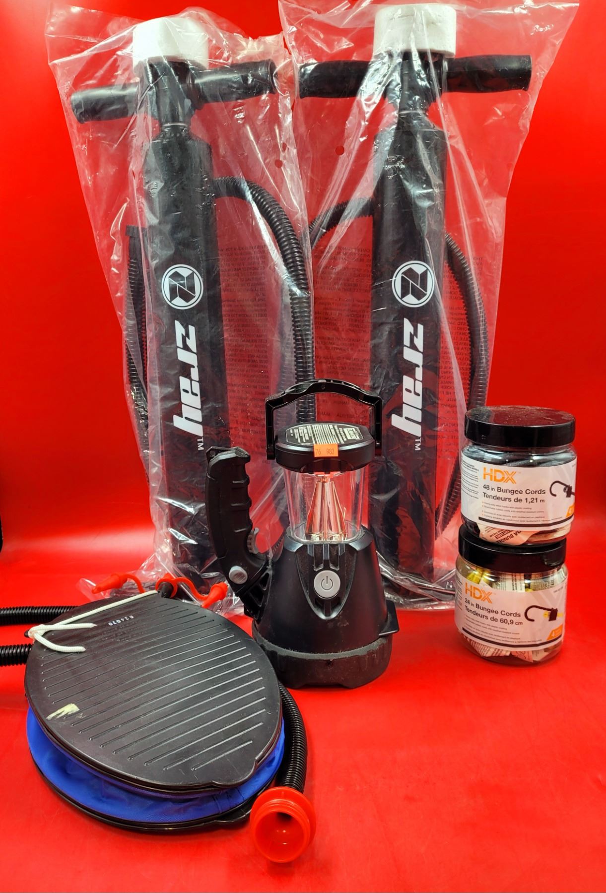 3 Air Pumps, Motomaser Spotlight/Lantern Combo, & Bungee Cords