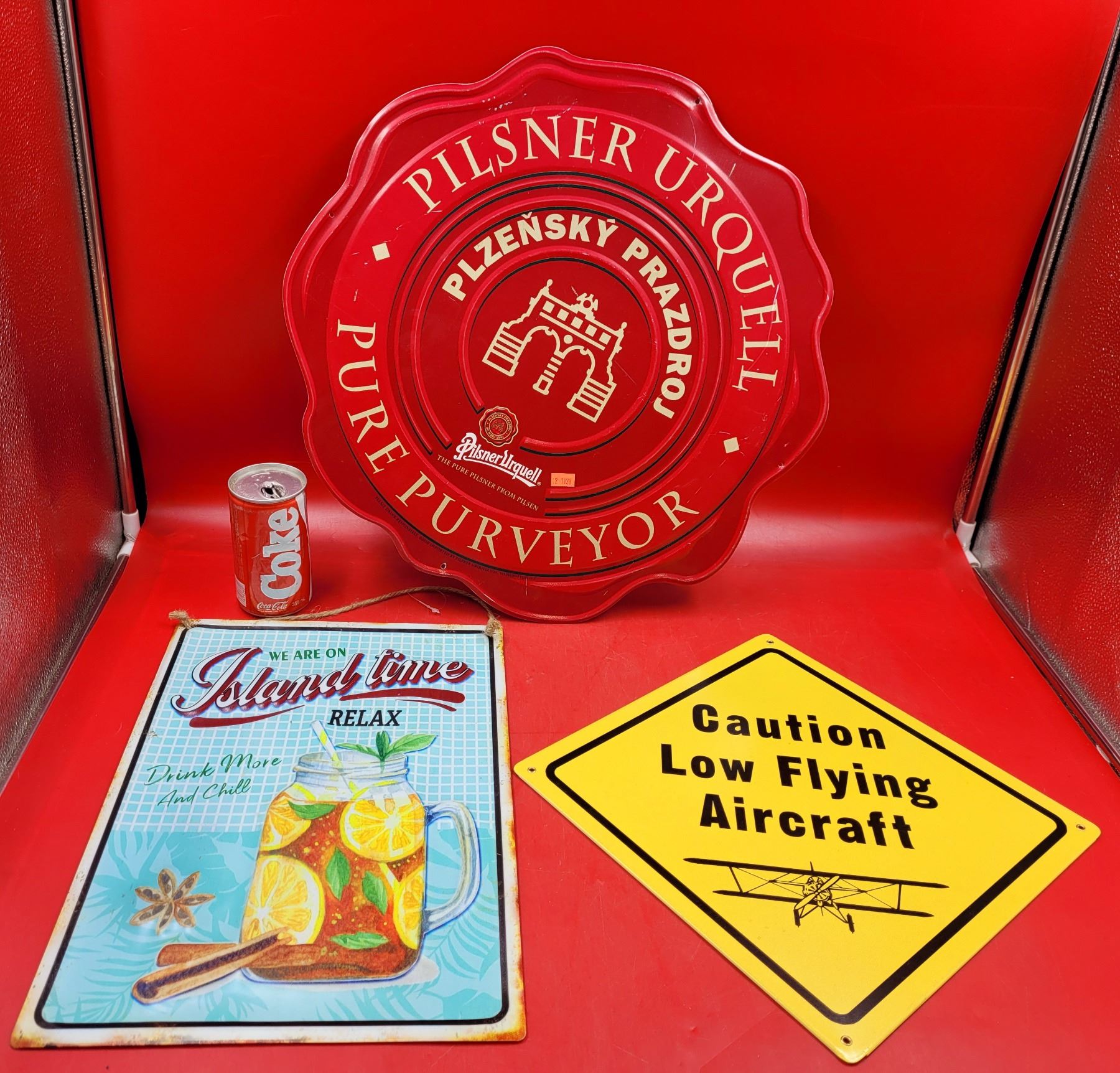 Pilsner Urquell & Island Time Advertising Signs & Low Flying Caution Sign