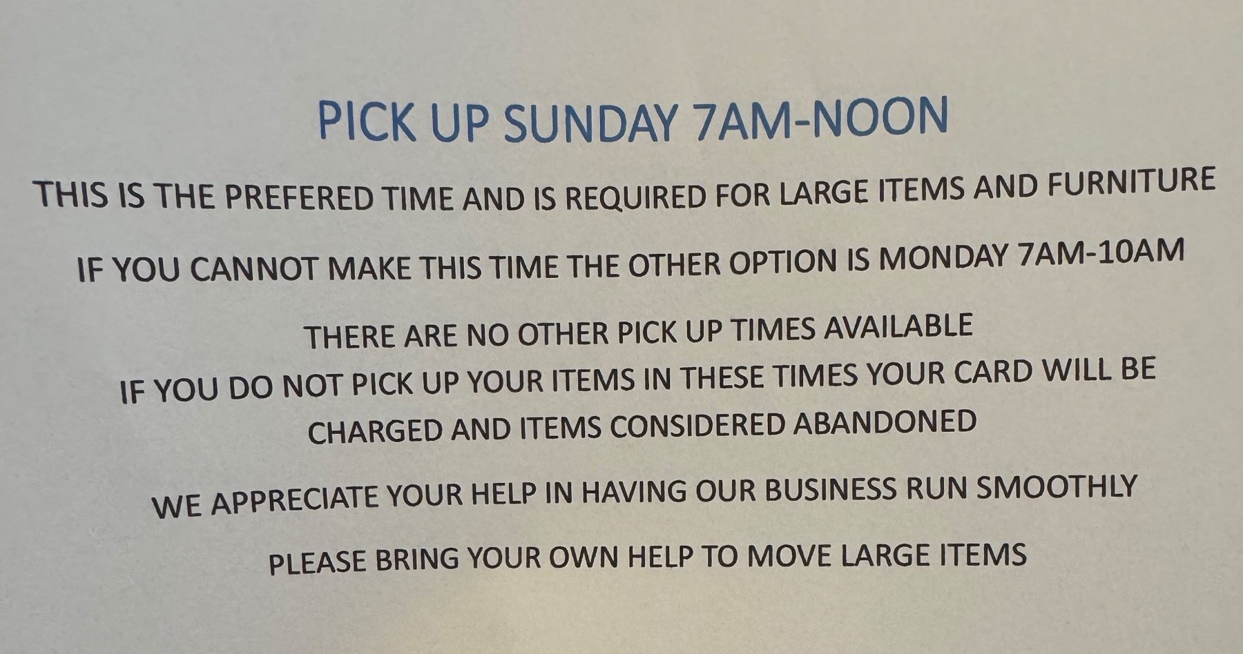 PLEASE PICK UP SUNDAY 7AM-NOON WE NEED THE ROOM