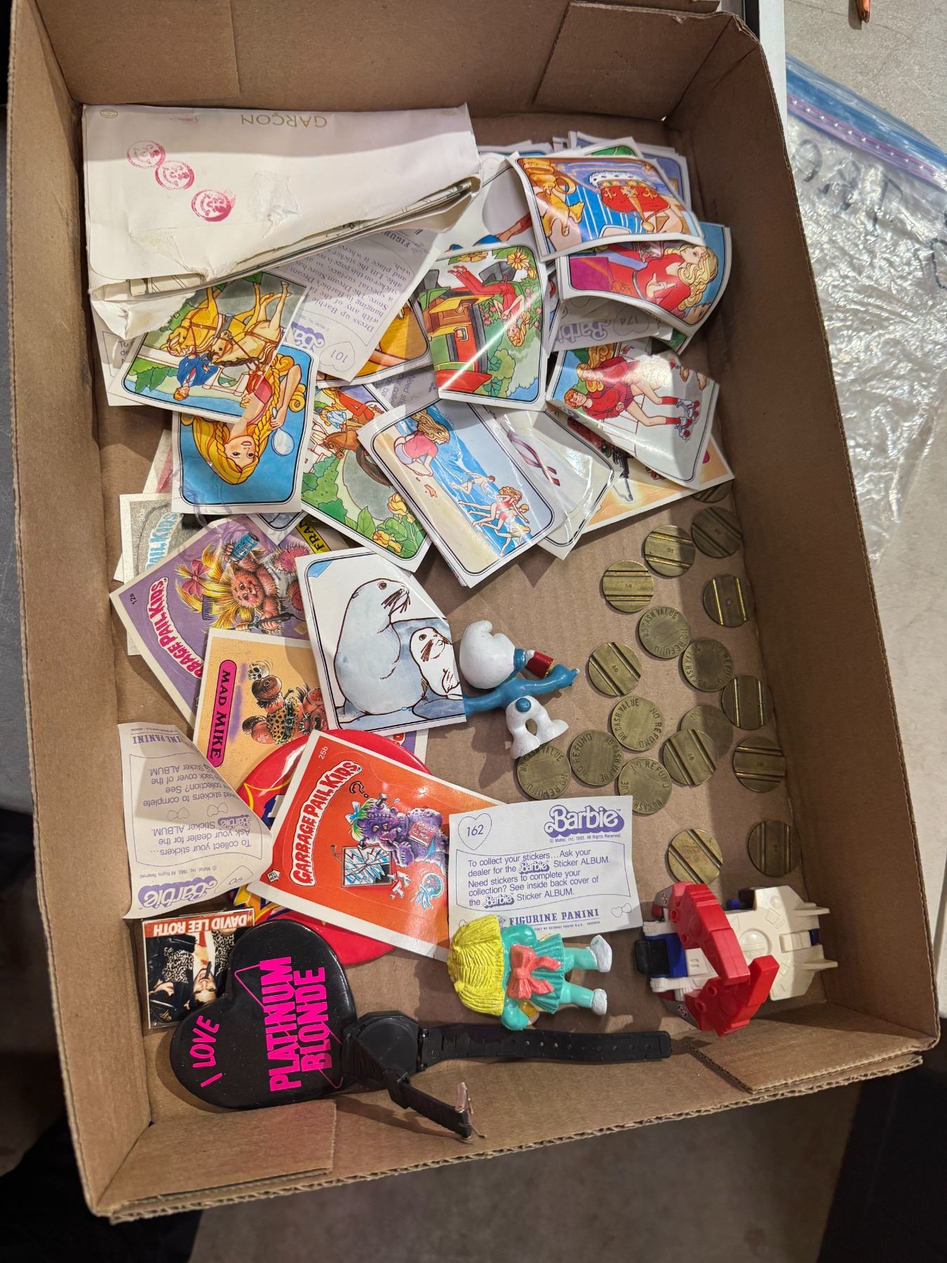 Vintage Barbie stickers, Smurf, Cabbage Patch, doll figure pin, watch ...