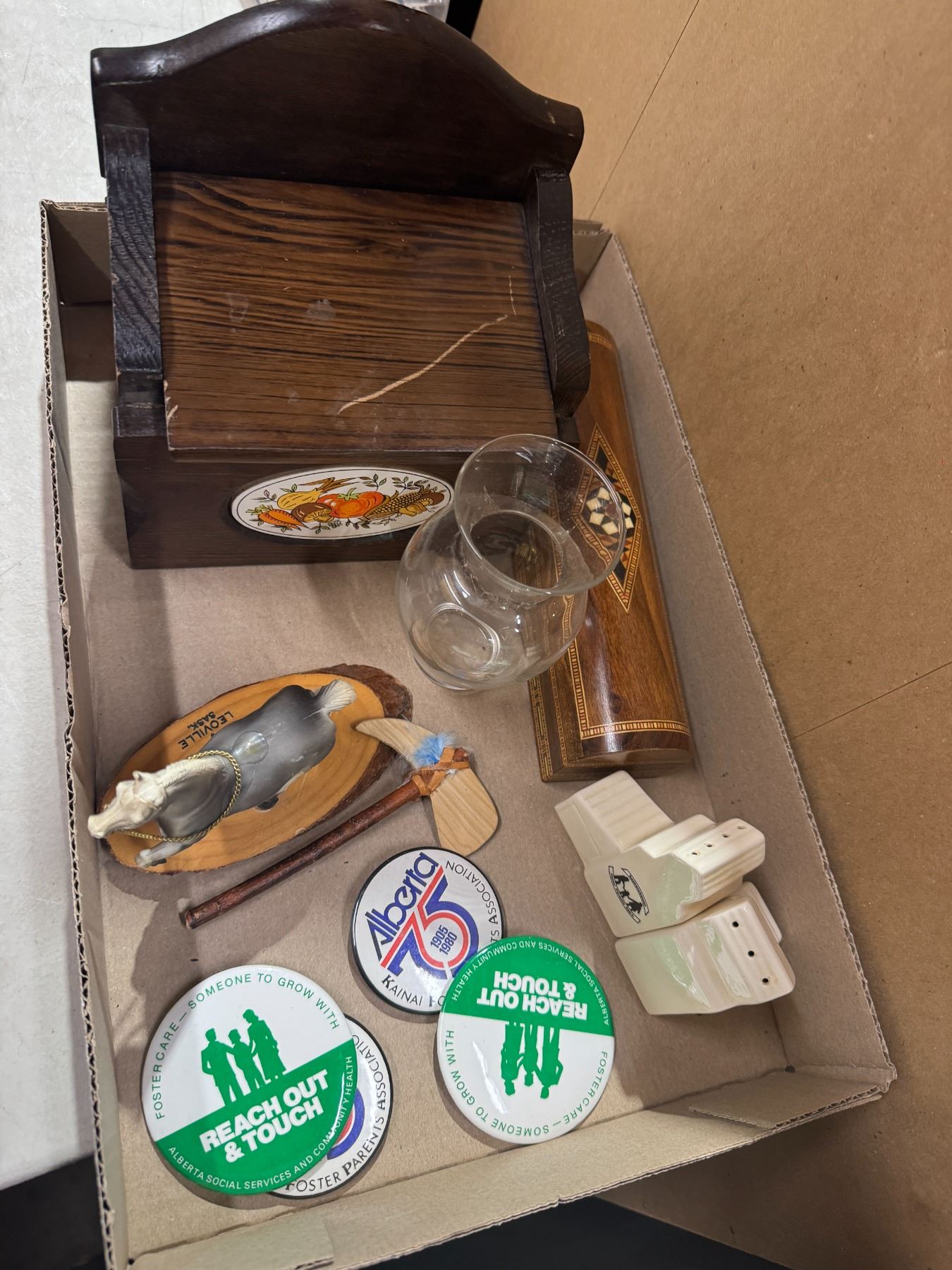 Vintage recipe, box, badges and home decor, salt, and pepper, shakers, etc.