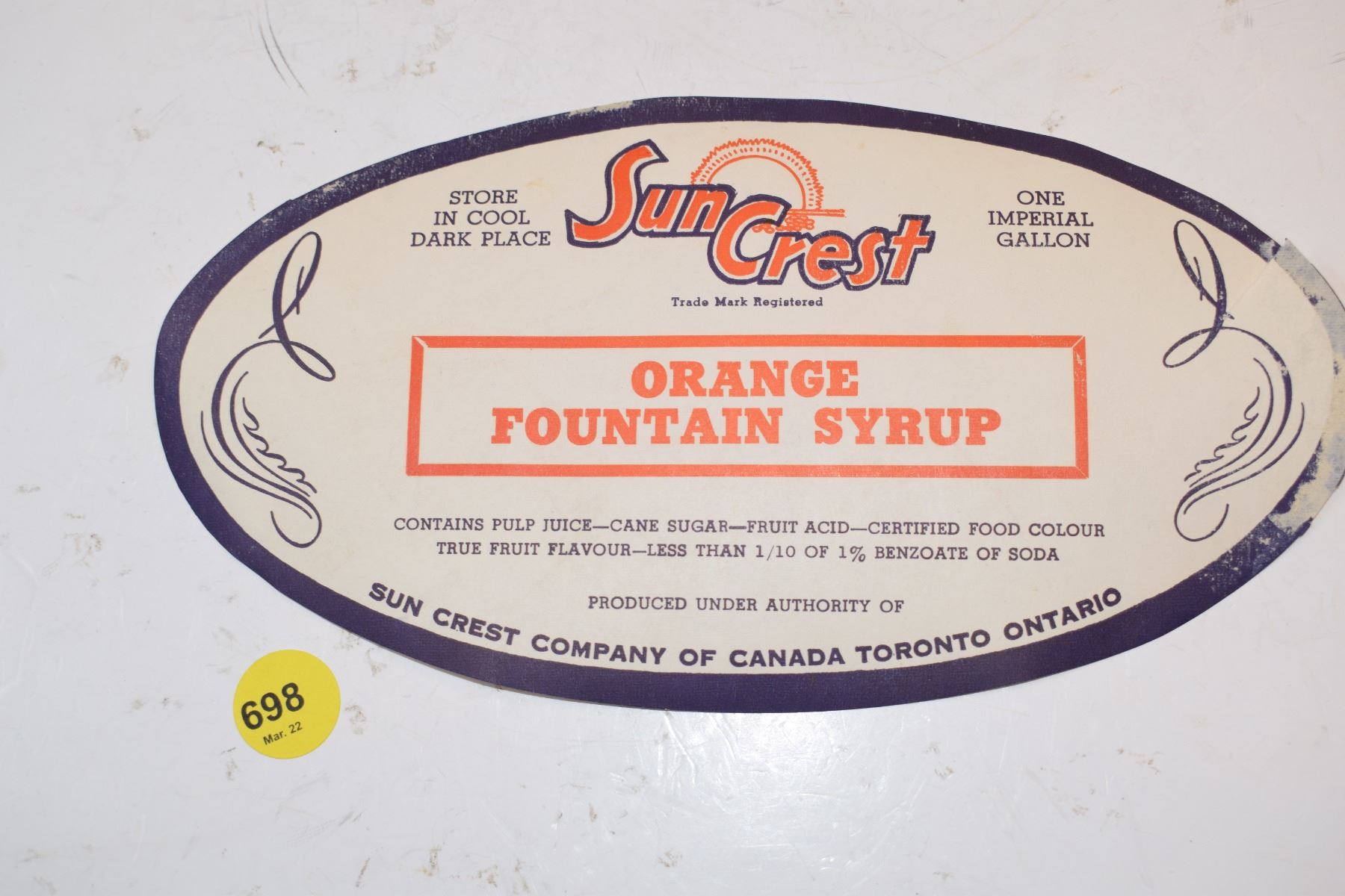 9" sun crest orange syrup label - Schmalz Auctions