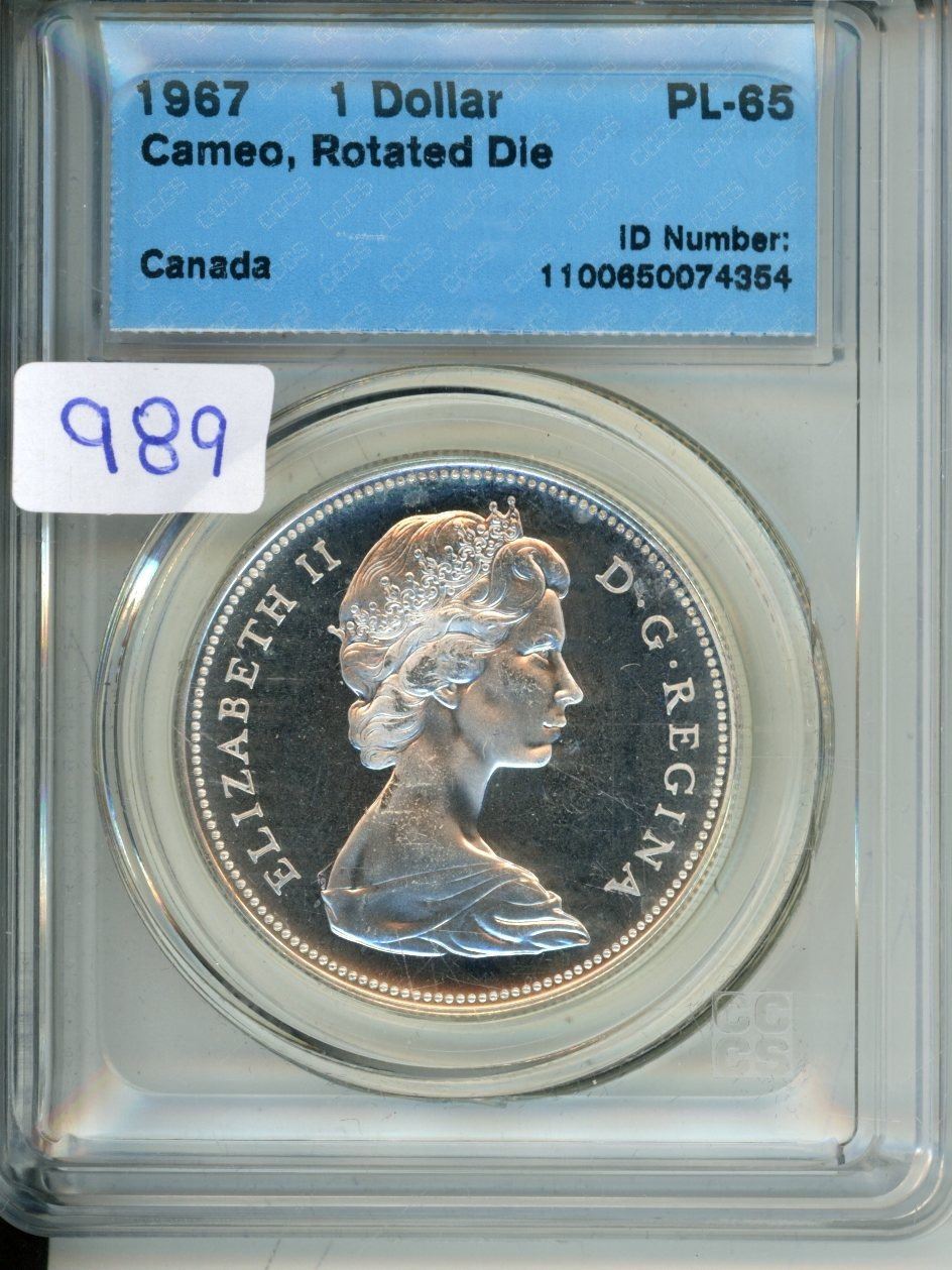 1967 Canadian Silver Dollar-CCS Graded -PL65 - Cameo rotated die ...