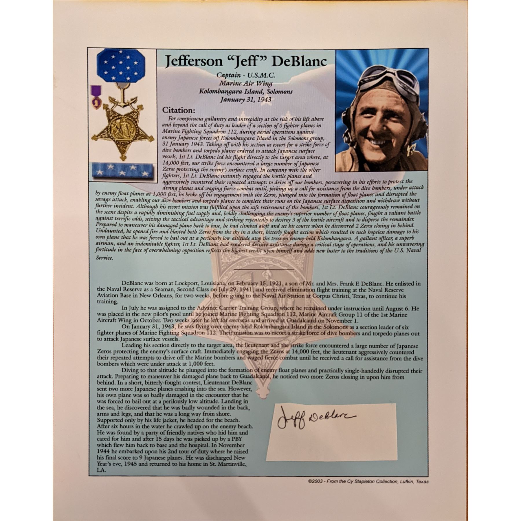 WW2 Jefferson DeBlanc Signed Bio Page