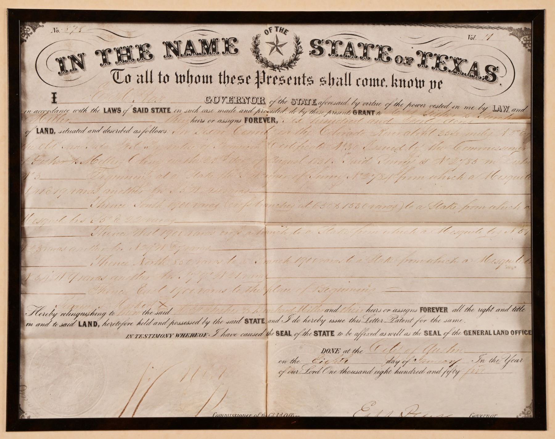 Texas Governor Pease Signed Land Grant 1855