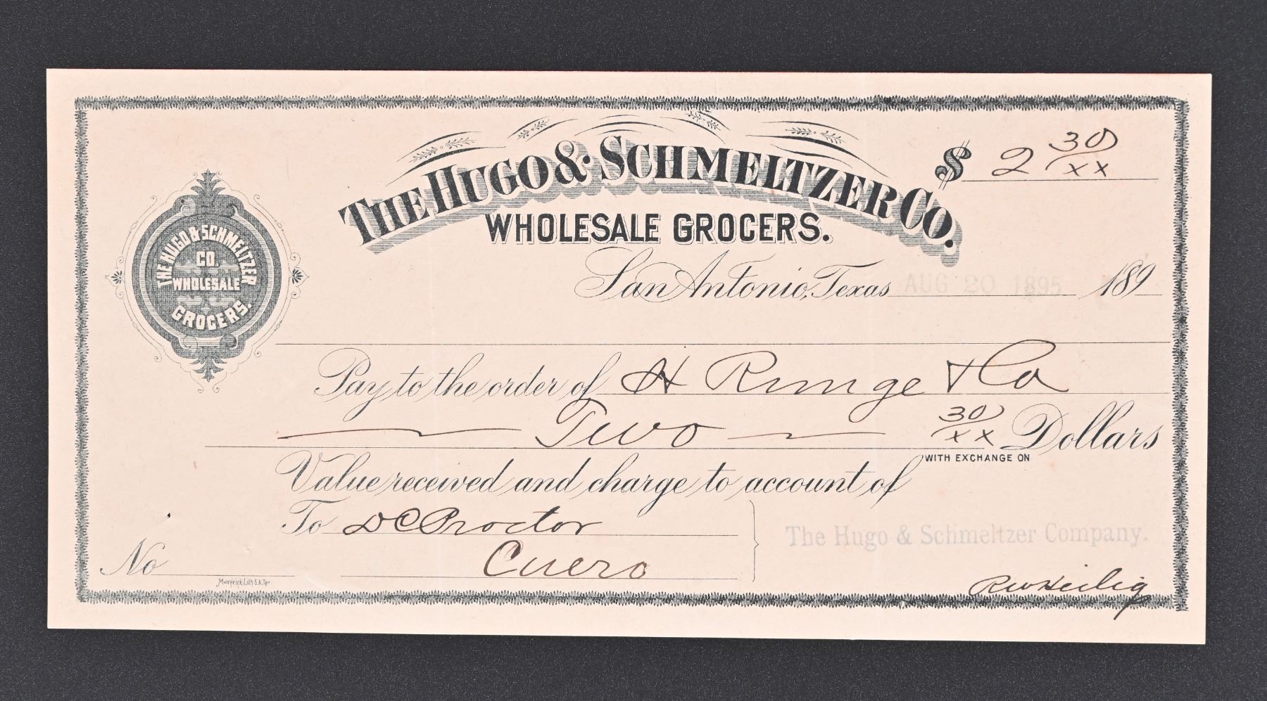 1895 Hugo & Schmeltzer, Alamo Plaza Grocer Receipt