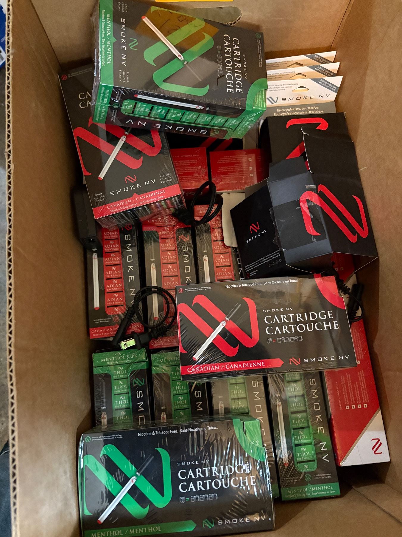 Box full of assorted SMOKE NV menthol and non menthol nicotine free ...