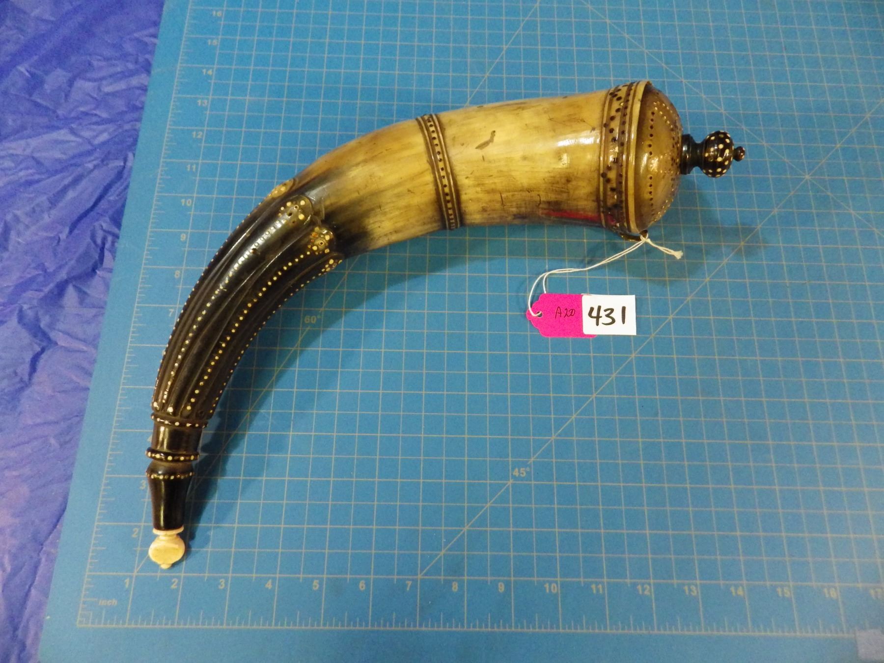 Spectacular antique powder horn carved and decorated with ivory dots ...