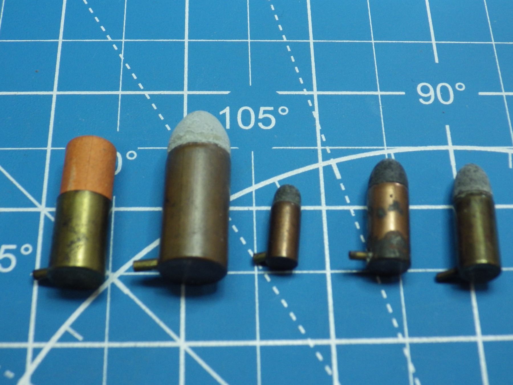Pinfire cartridge lot, one 12mm pistol cartridge headstamed B and Paris ...