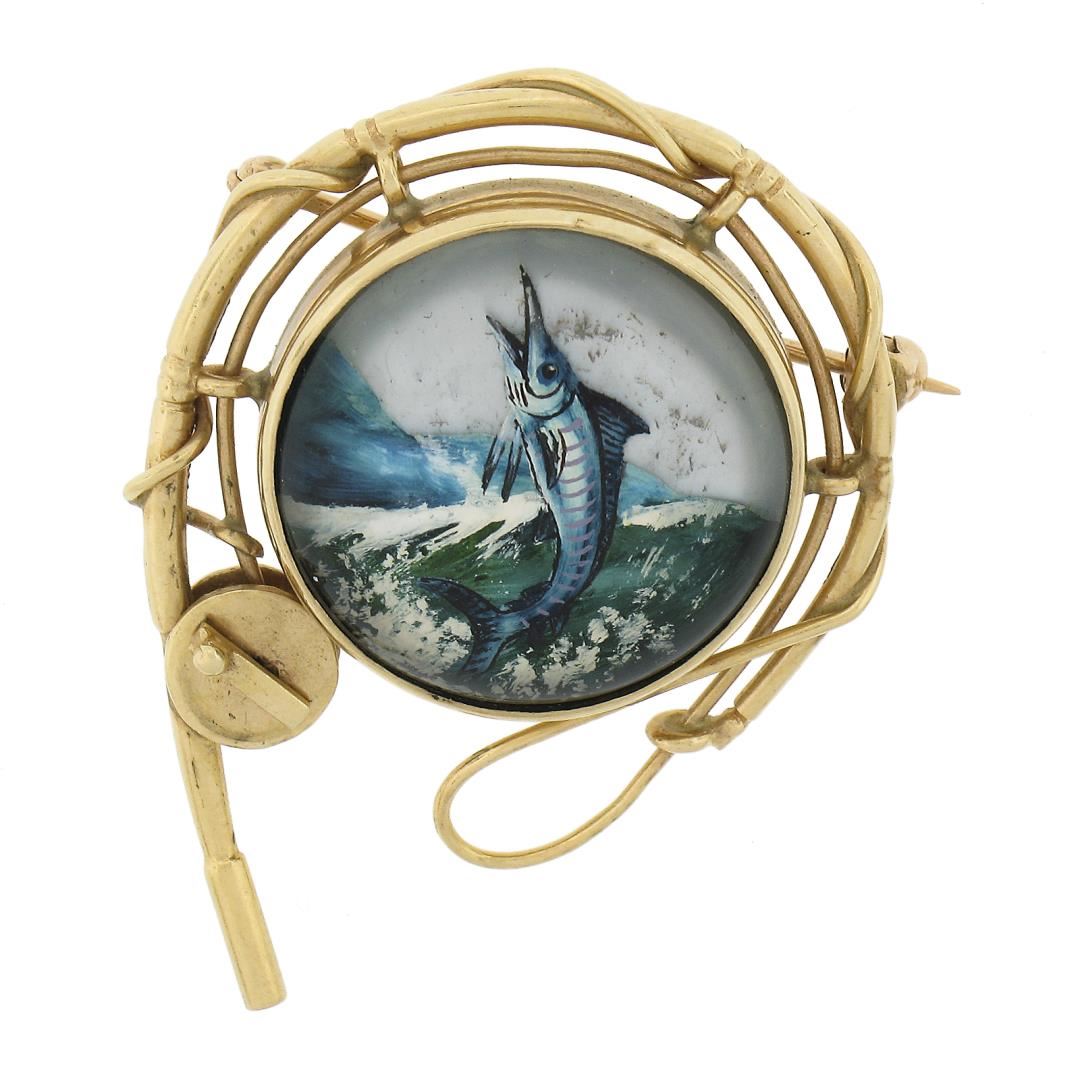 14k Gold Reverse Painted Marlin Fish Intaglio w/ Fishing Pole Frame Pin ...