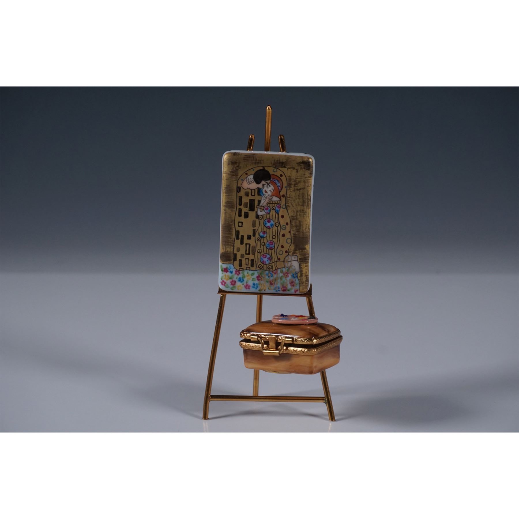 Limoges Figurine Box, The Kiss by Klimt on Easel