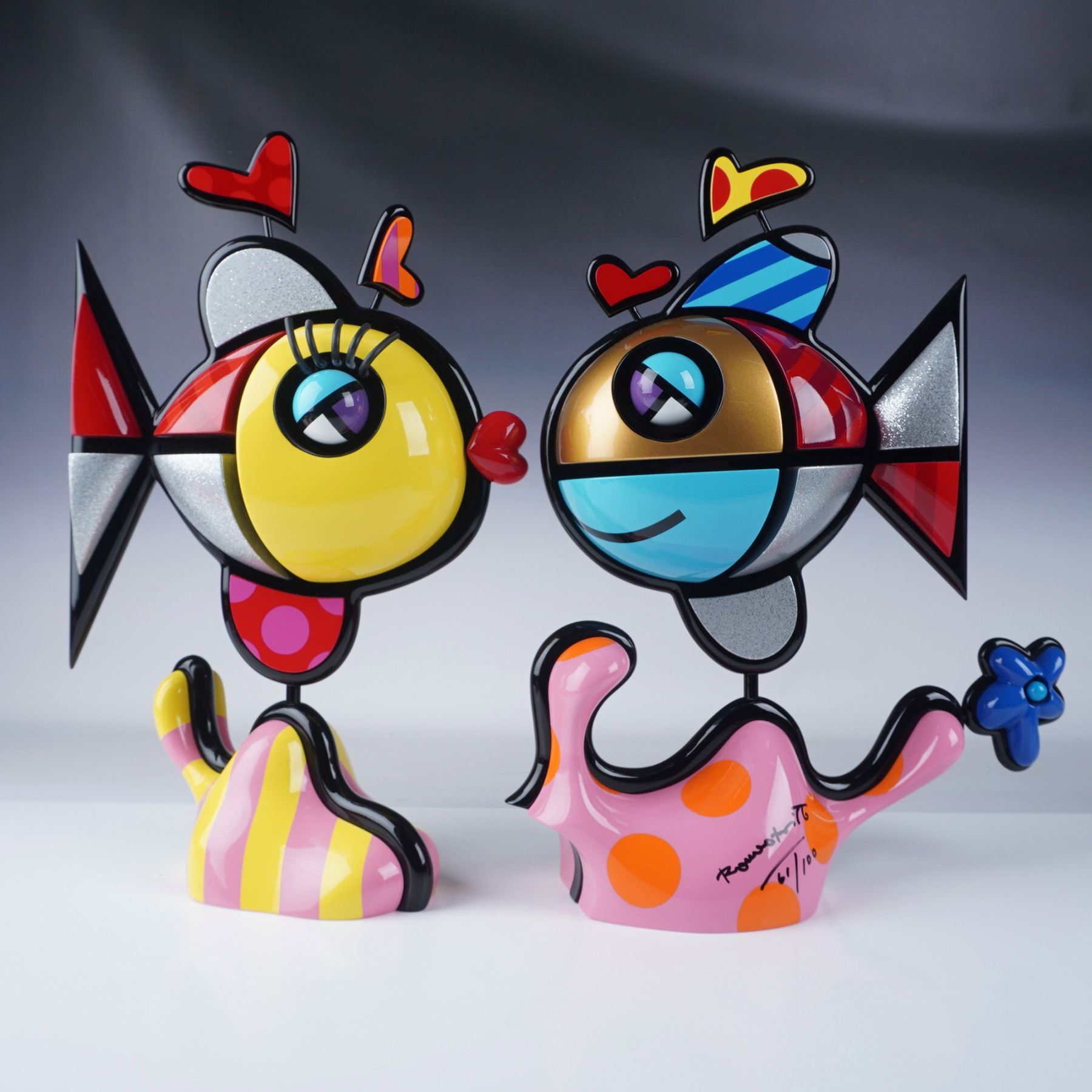 2pc Britto Fish Sculptures, Deep Love Series
