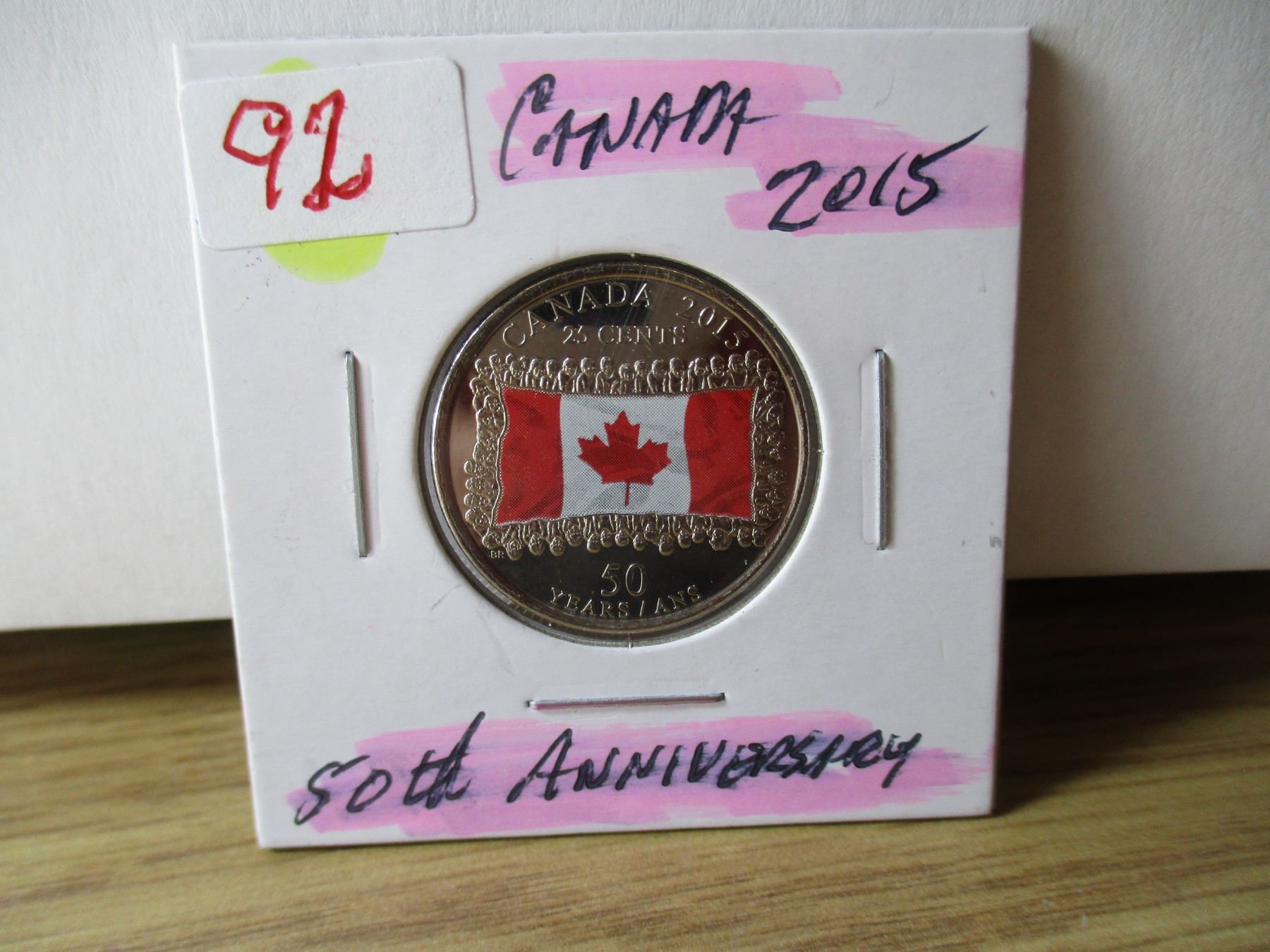 2015 50 YEAR ANNIVERSARY COLORED FLAG CANADA QUARTER