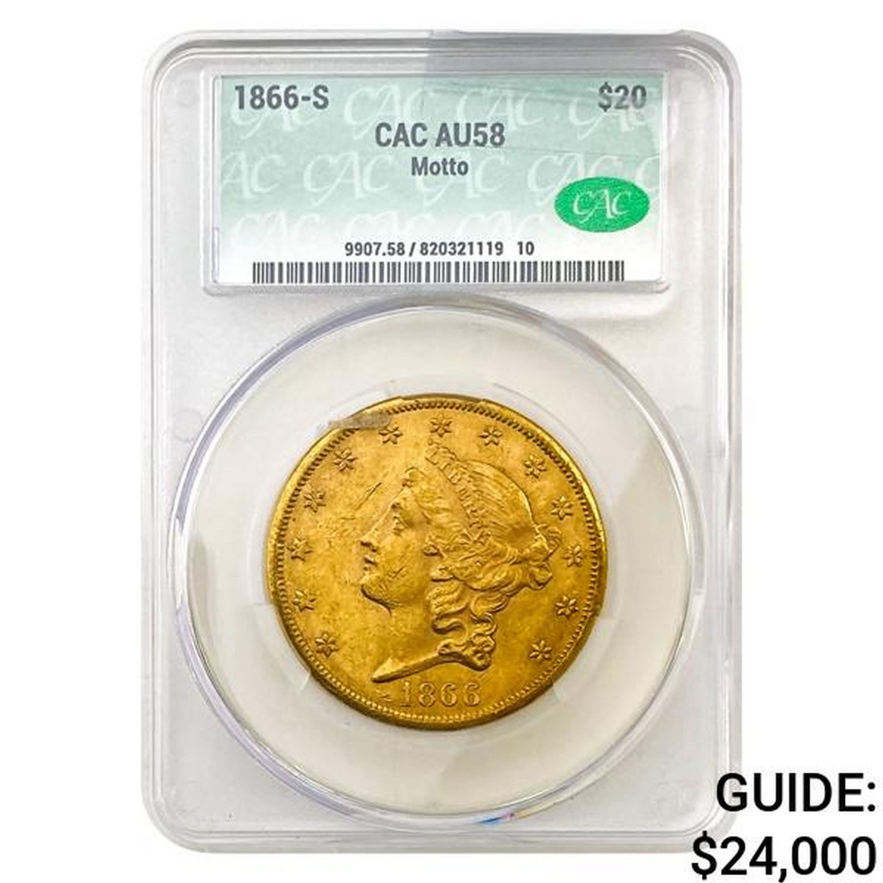 1866-S $20 Gold Double Eagle CAC AU58 Motto